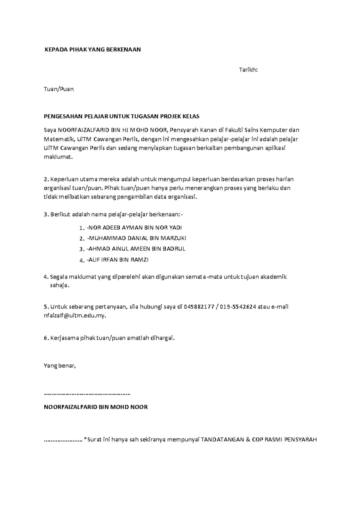 Surat Pengesahan Pelajar 2020 PDF - KEPADA PIHAK YANG BERKENAAN Tarikh ...
