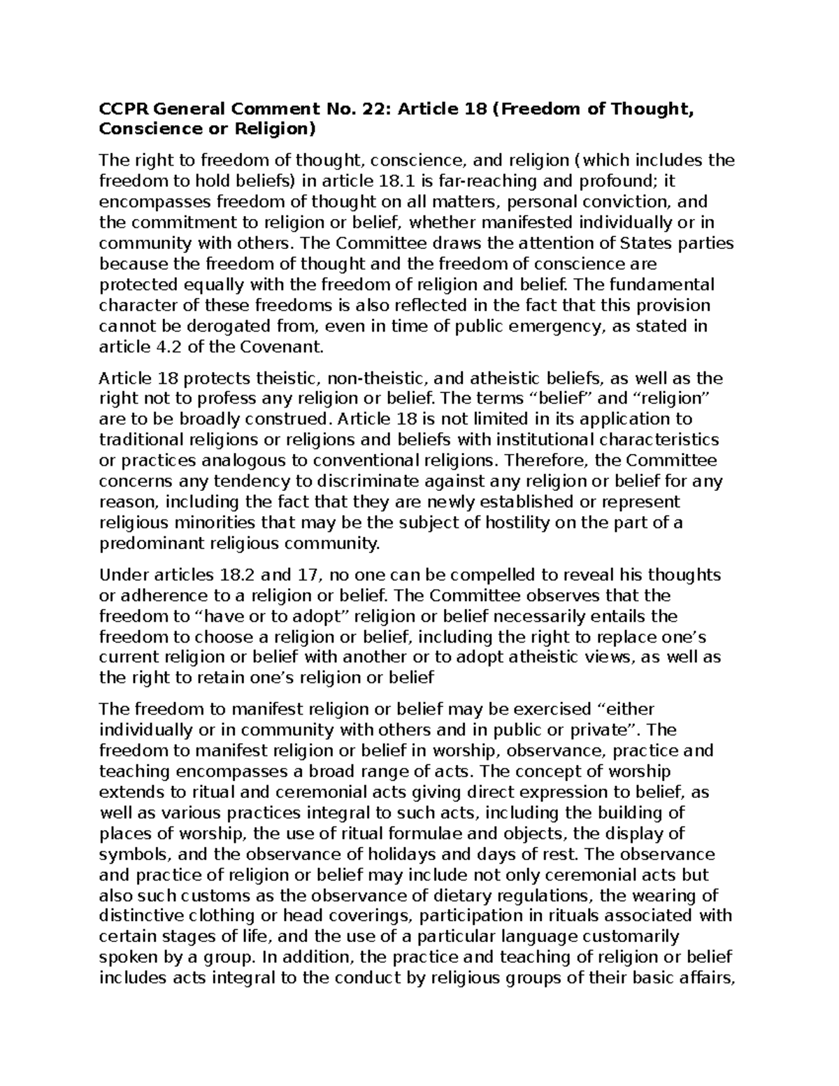 CCPR General Comment No. 22 Article 18 Summary - CCPR General Comment ...