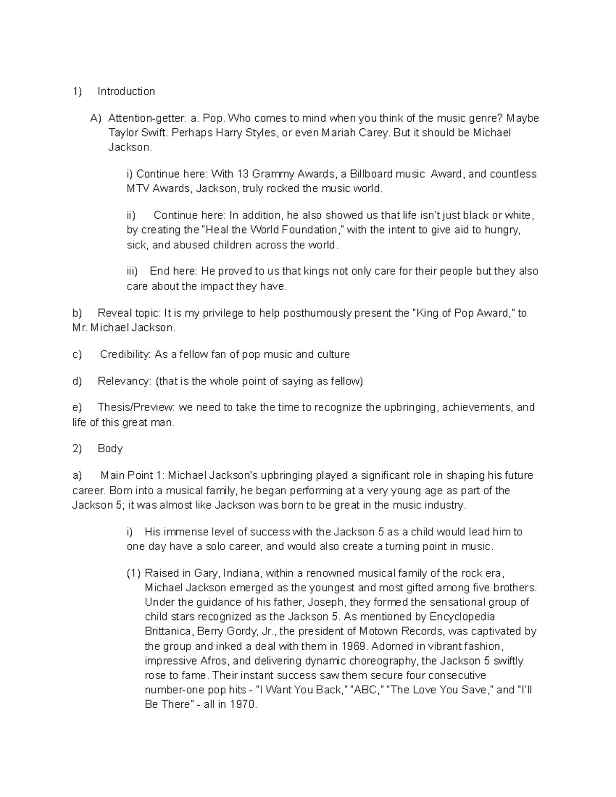 CLC Michael Jackson Speech - Introduction A) Attention-getter: a. Pop ...