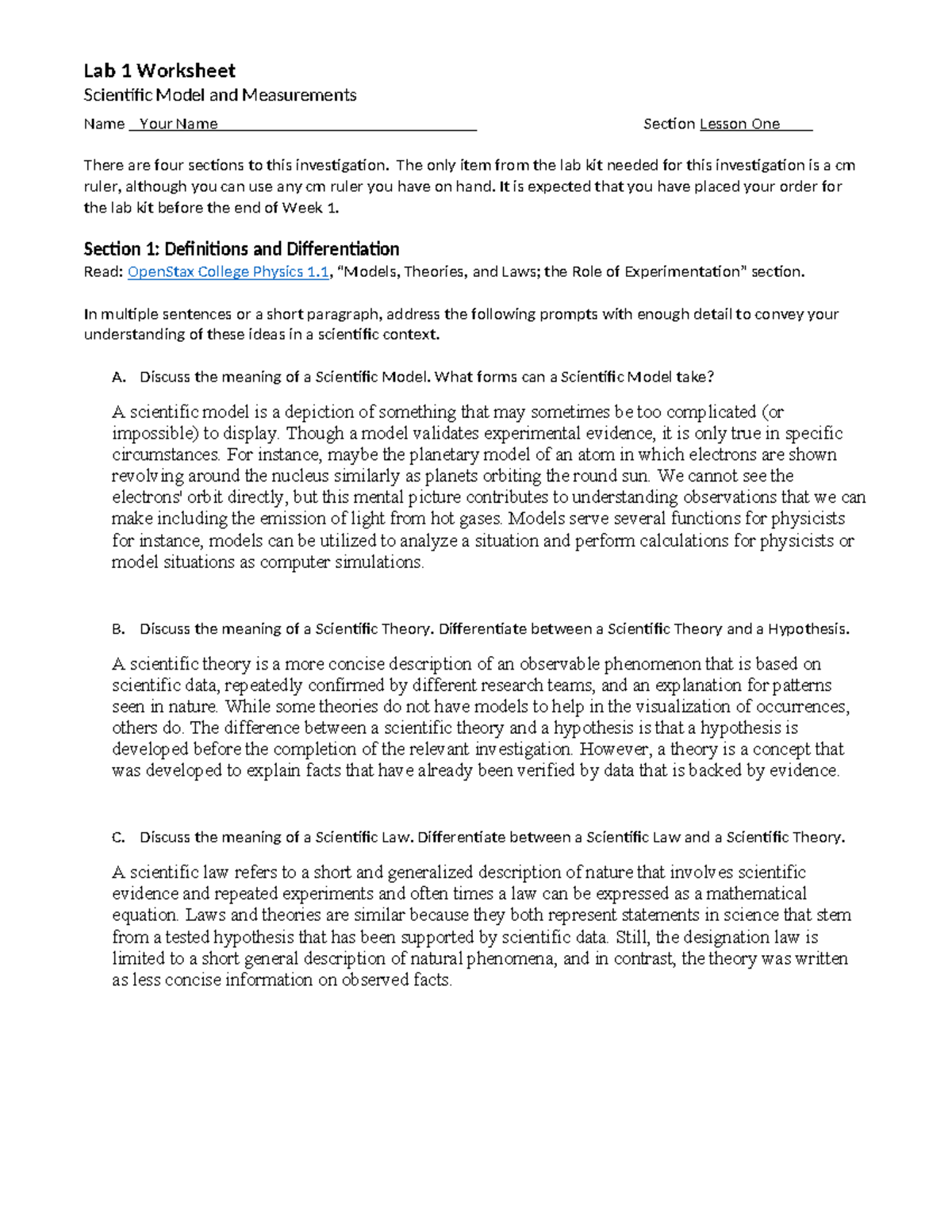 PHY 111 Lab 1 Revision 032522 - Lab 1 Worksheet Scientific Model and ...