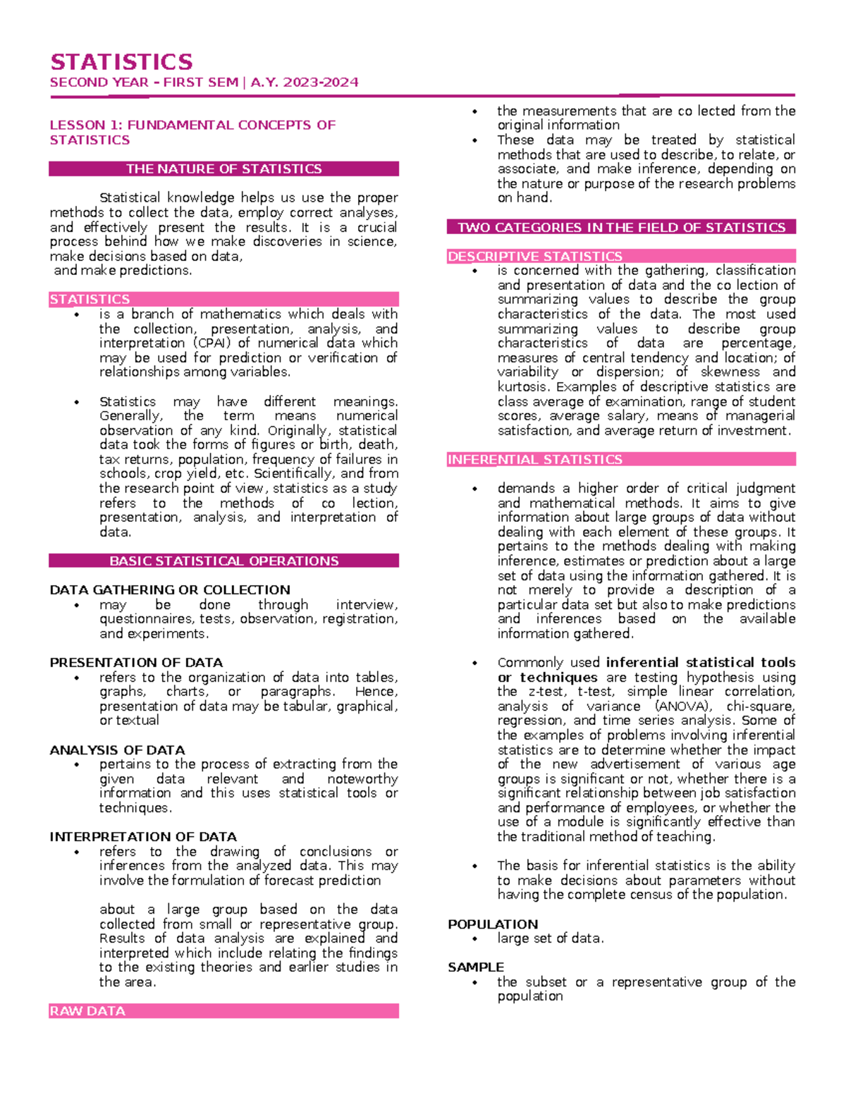 Lesson-1-Stats - Lesson 1 Trans - SECOND YEAR – FIRST SEM | A. 2023- LESSON 1: FUNDAMENTAL ...