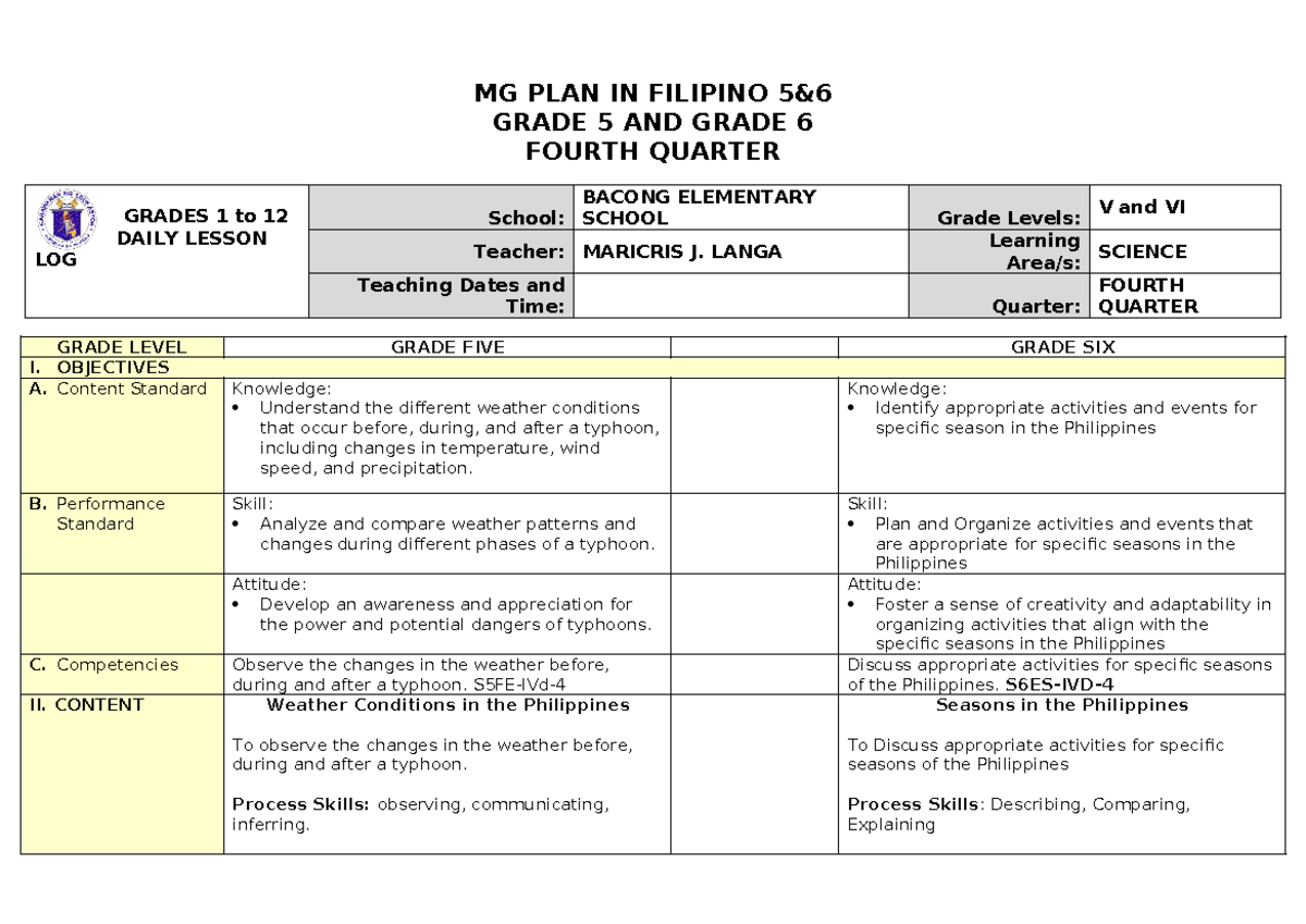 Final COT 4 Grdae 5&6 Science DLP - MG PLAN IN FILIPINO 5& GRADE 5 AND GRADE 6 FOURTH QUARTER ...