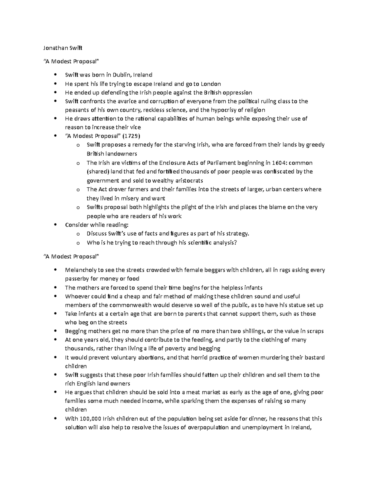 Unit 2 Jonathan Swift (A Modest Proposal) - ENGL 2111 - Studocu