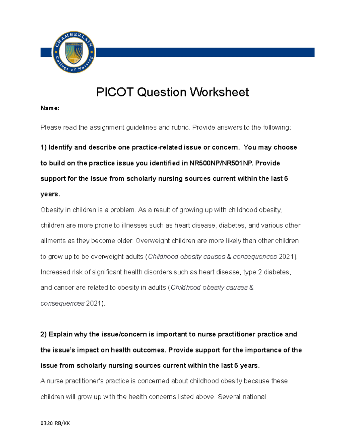 Picot Worksheet Obesity - PICOT Question Worksheet Name: Please read ...