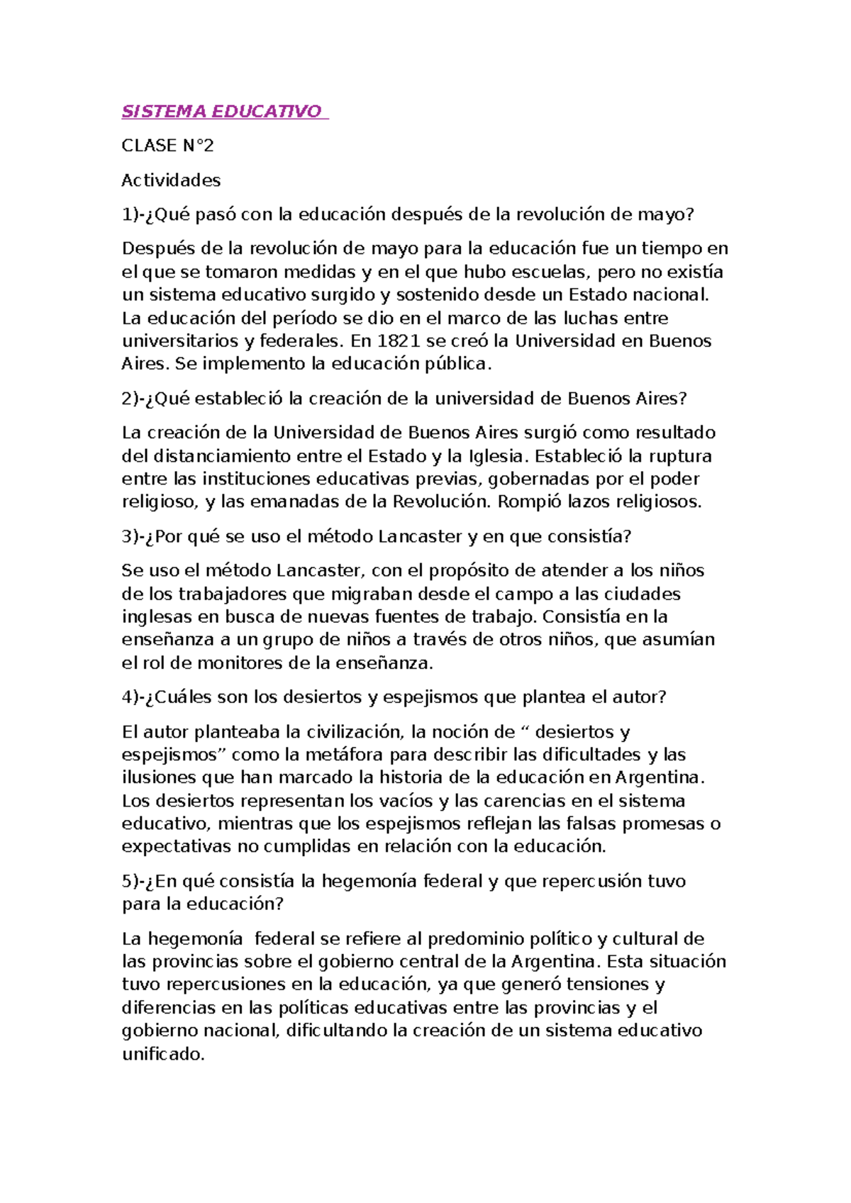 Clase N2 Sistema Educativo - SISTEMA EDUCATIVO CLASE N° Actividades 1 ...