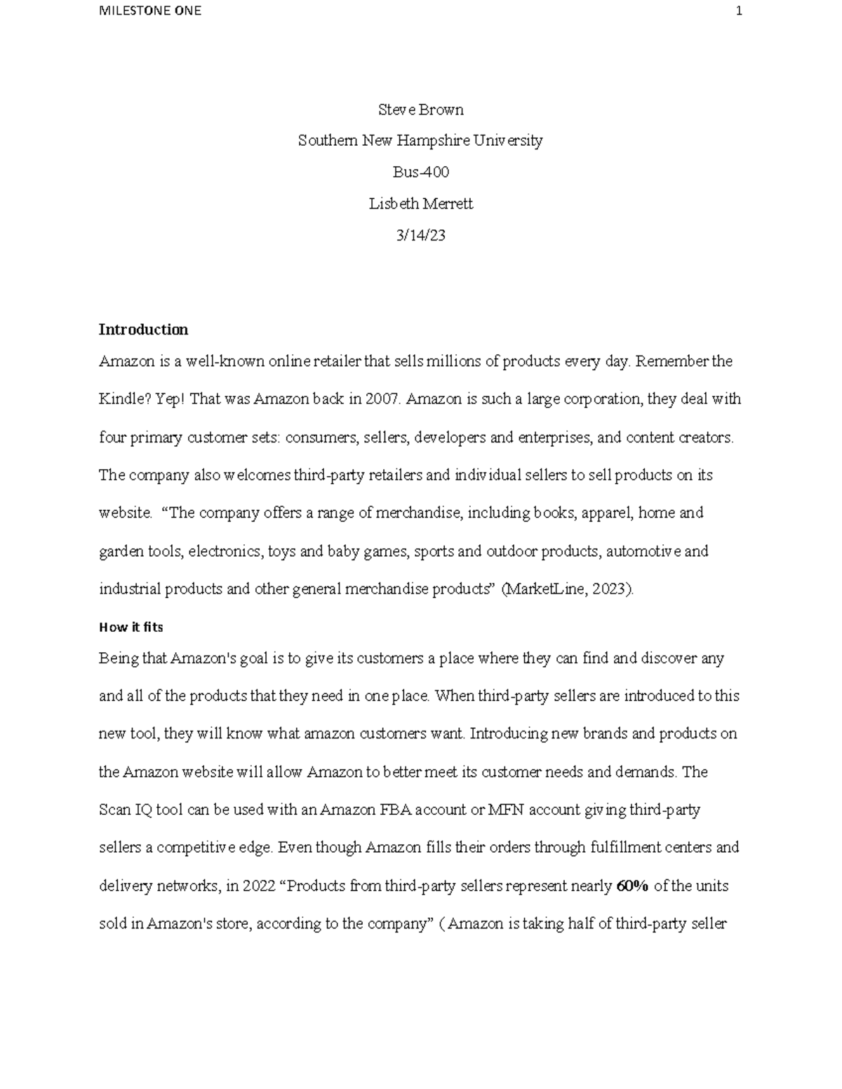 Bus-400 milestone - MILESTONE ONE 1 Steve Brown Southern New Hampshire ...