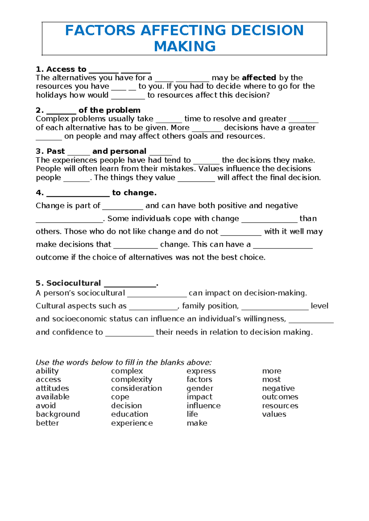 9. Factors Affecting Decision Making fill the blanks - FACTORS ...