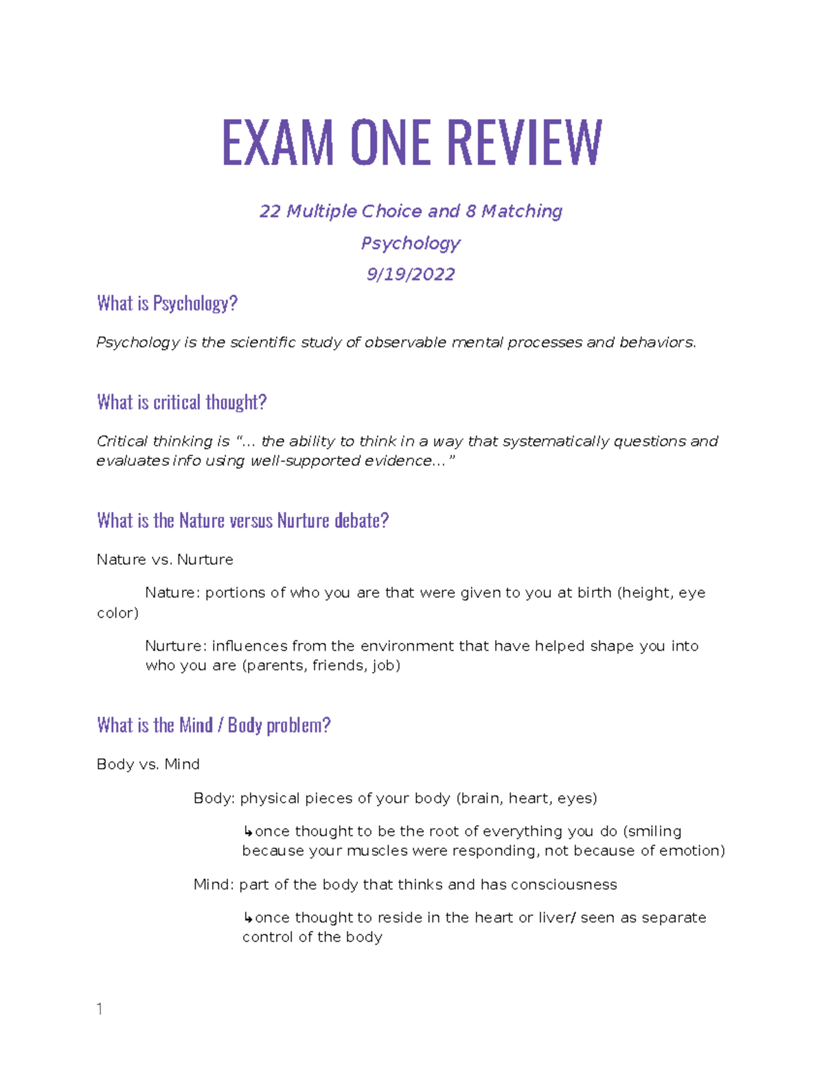 PY 101 - EXAM ONE Review - EXAM ONE REVIEW 22 Multiple Choice and 8 ...