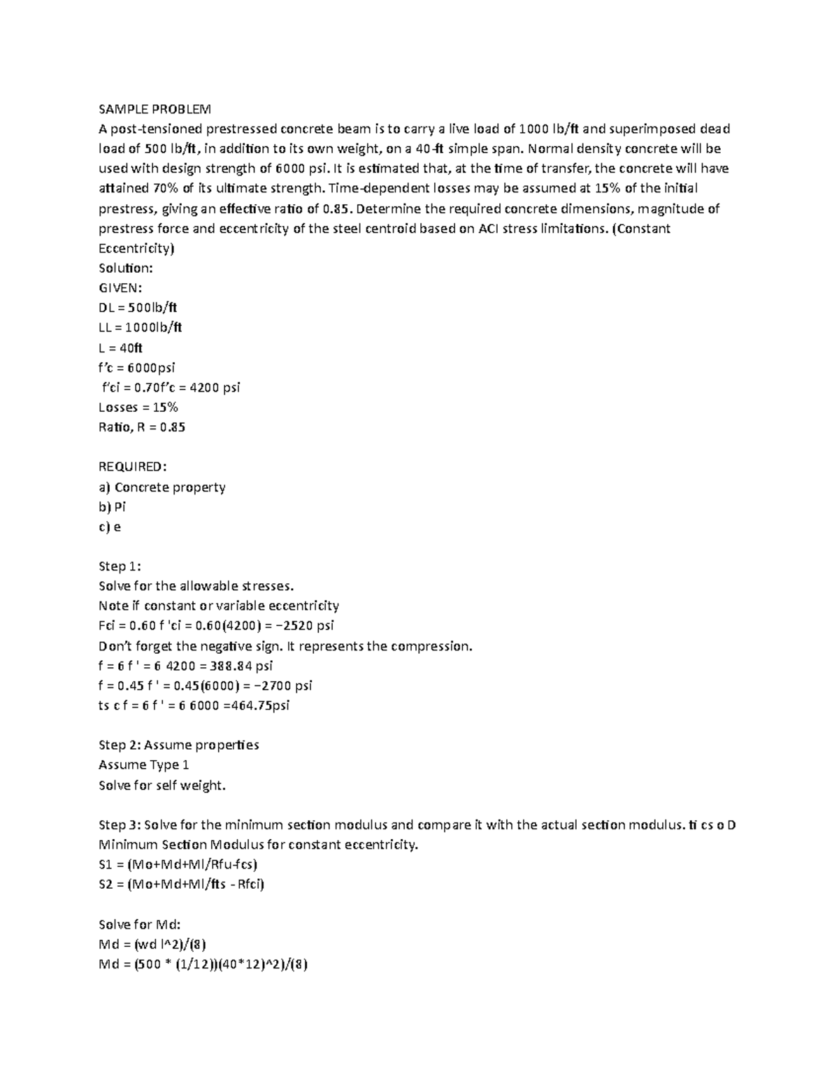 Flexural Design of Prestress concrete Sample Problem - SAMPLE PROBLEM A ... Flexural Design of Prestress concrete Sample Problem - SAMPLE PROBLEM A ...
