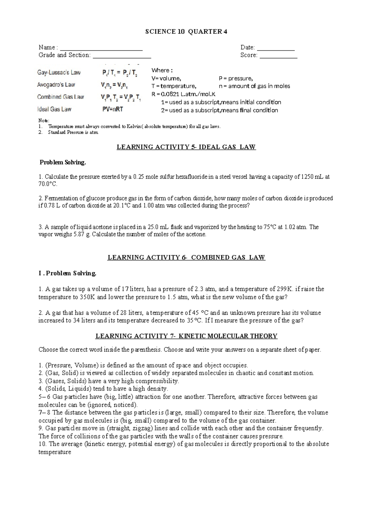 LA 5 6 and 7 - Assessment file - SCIENCE 10 QUARTER 4 Name : ________________________ Date ...