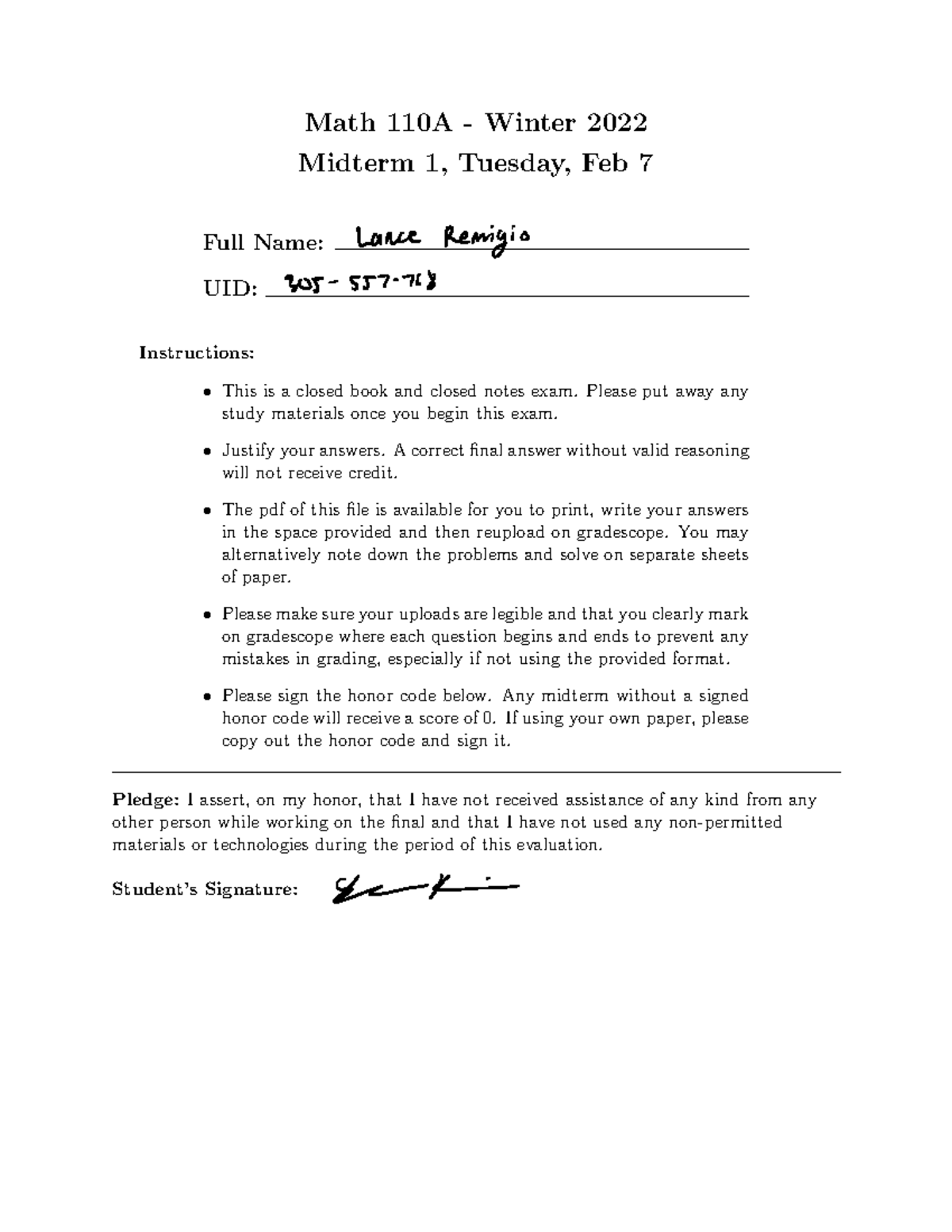 Abstract Algebra Midterm 1 - Math 110A - Winter 2022 Midterm 1, Tuesday ...