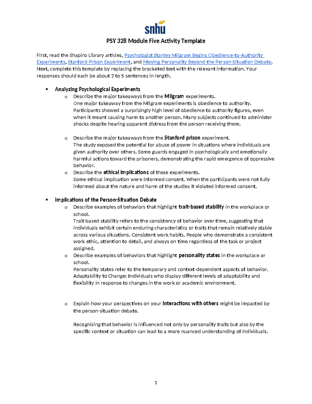 PSY 328 Module Five Activity Template - PSY 328 Module Five Activity Template First, read the ...