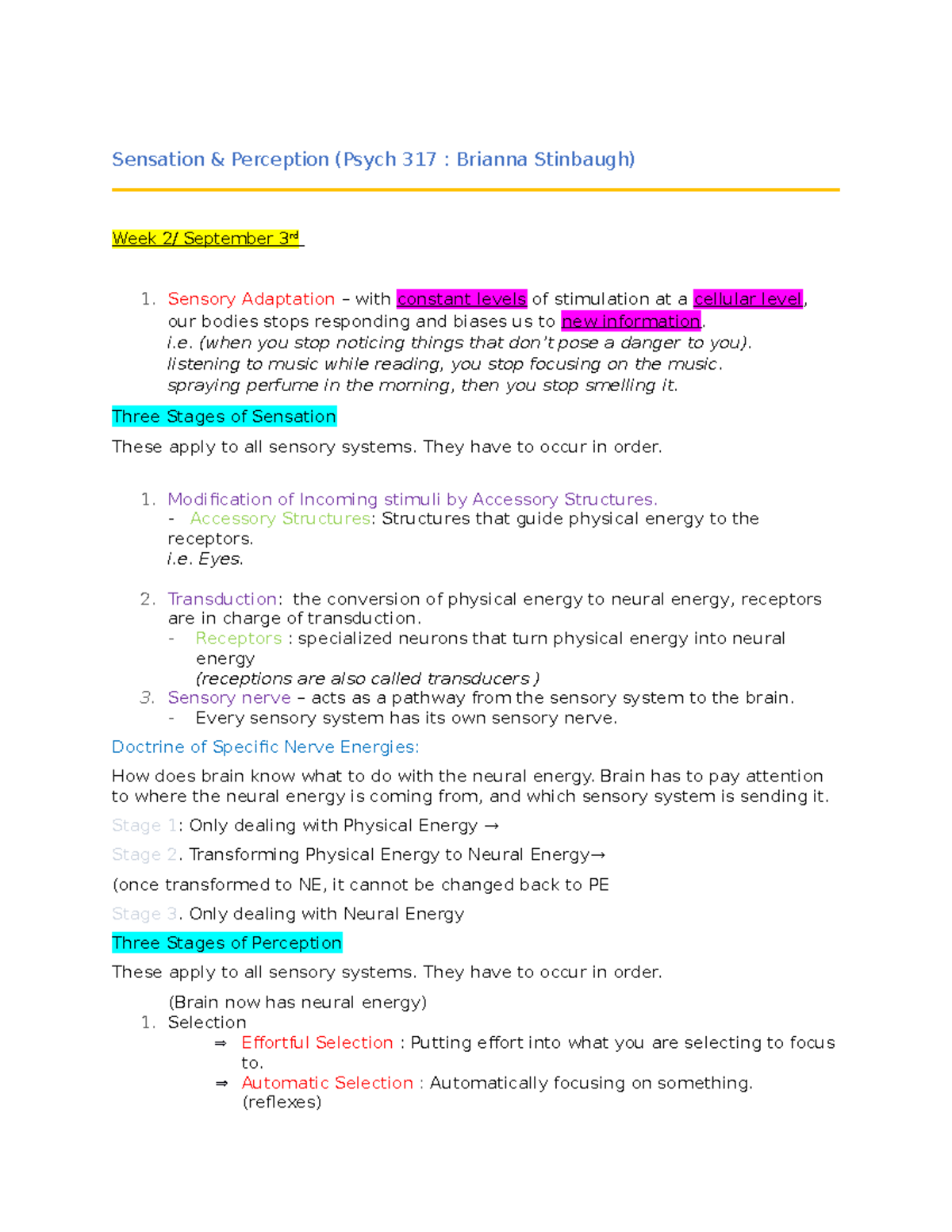 Sensation week 2 notes - Sensation & Perception (Psych 317 : Brianna ...