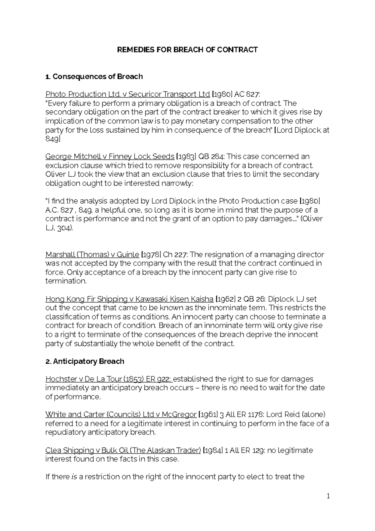 Remedies FOR Breach OF Contract - REMEDIES FOR BREACH OF CONTRACT 1 ...