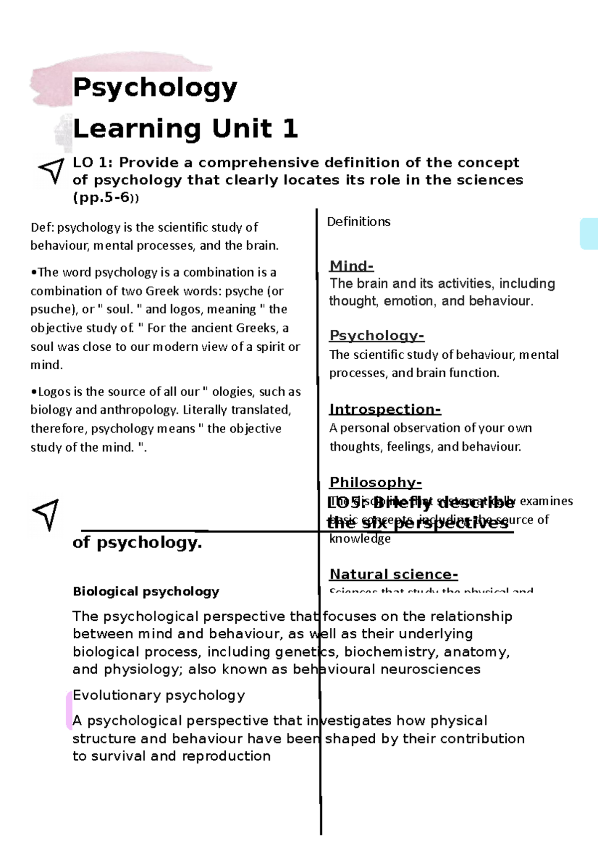 Psychology 1 - notes - Psychology Learning Unit 1 LO 1: Provide a ...