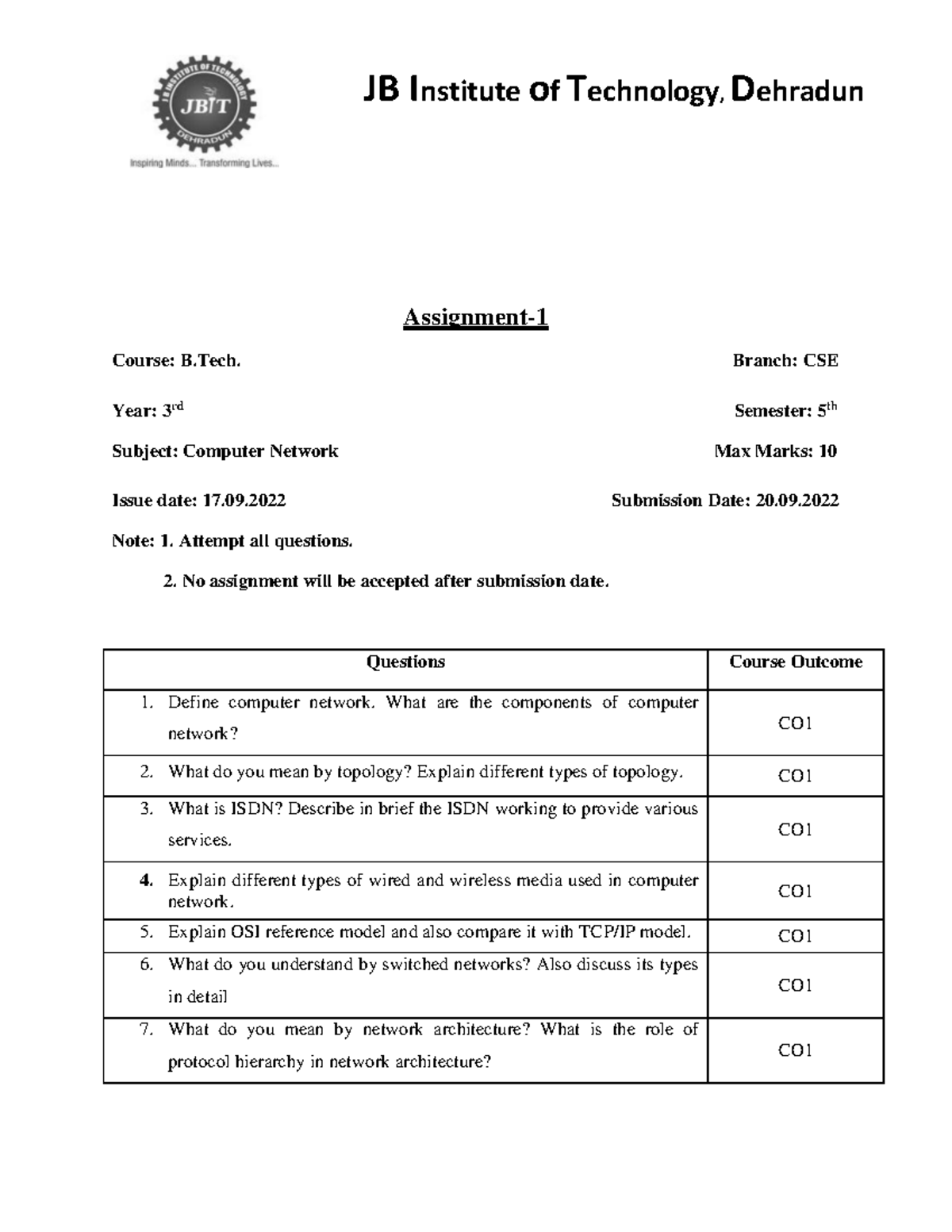 CN Assignments 1 - jhuhtdjryj - JB Institute of Technology, Dehradun Assignment- Course: B ...