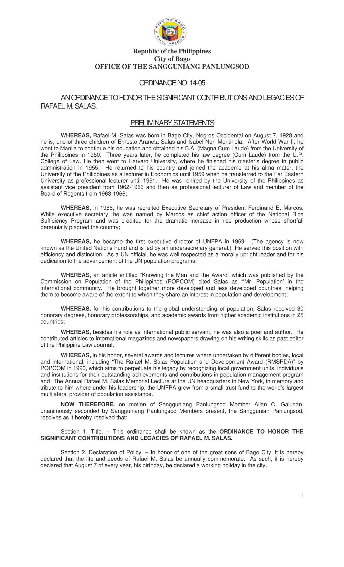 Ordinance NO 14 05 - 1 Republic of the Philippines City of Bago OFFICE OF THE SANGGUNIANG ...