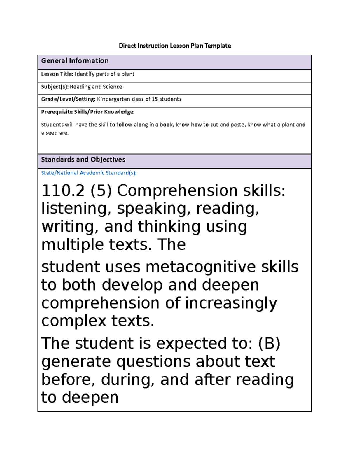 Disciplinary literature - Task 1 - Direct Instruction Lesson Plan ...