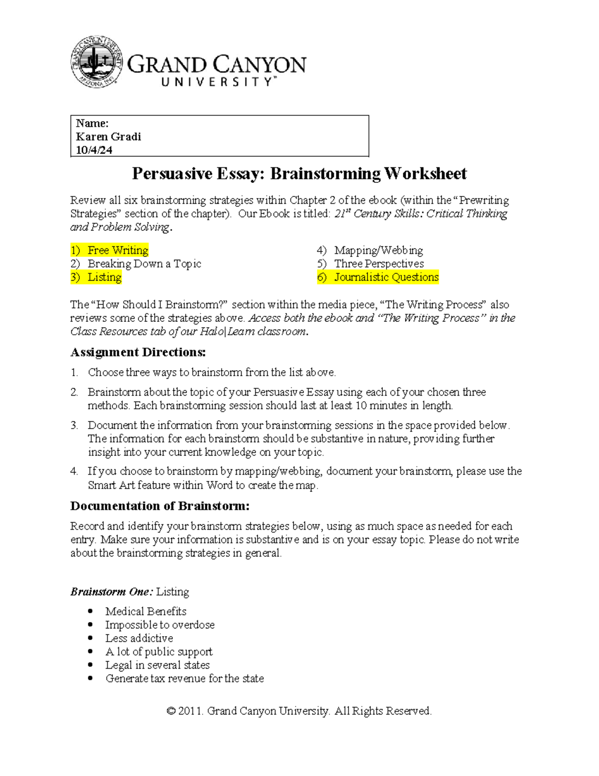 PHI105 T2 Brainstorming Worksheet 4 13 2023 - Name: Karen Gradi 10/4 ...