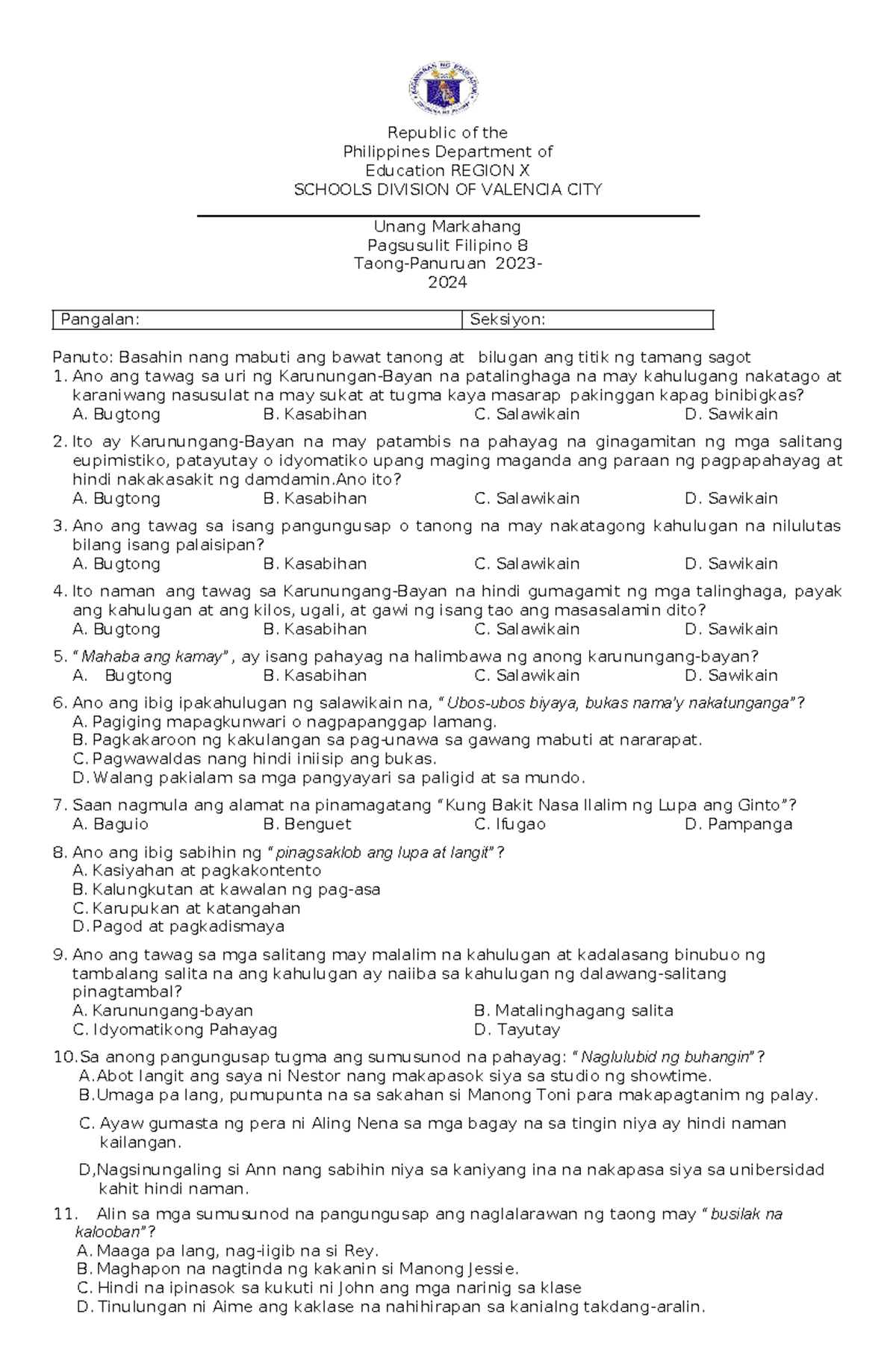 Filipino 8 Q1 (1) - Republic of the Philippines Department of Education ...
