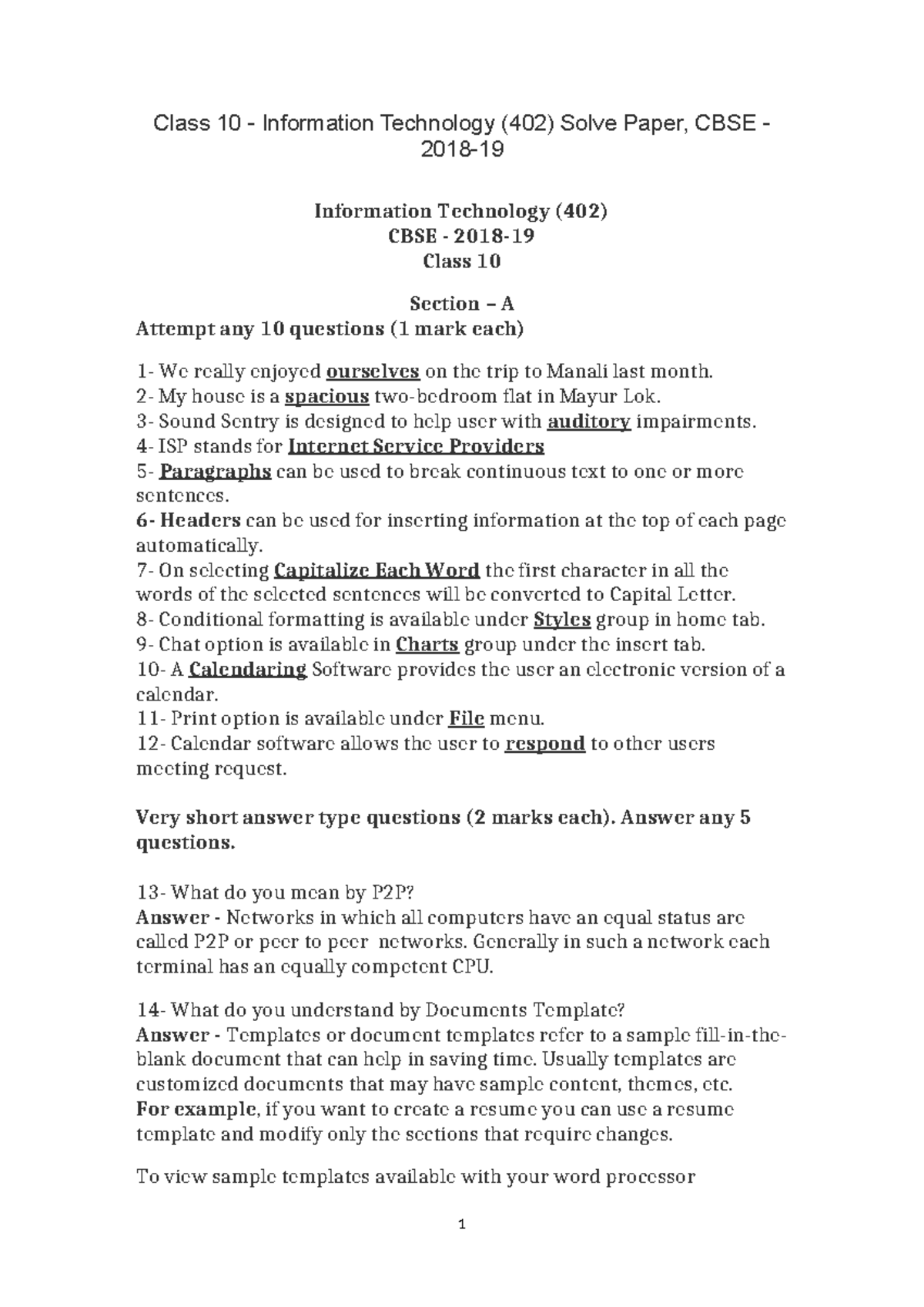 2018 19 ques paper solved - Class 10 - Information Technology (402 ...