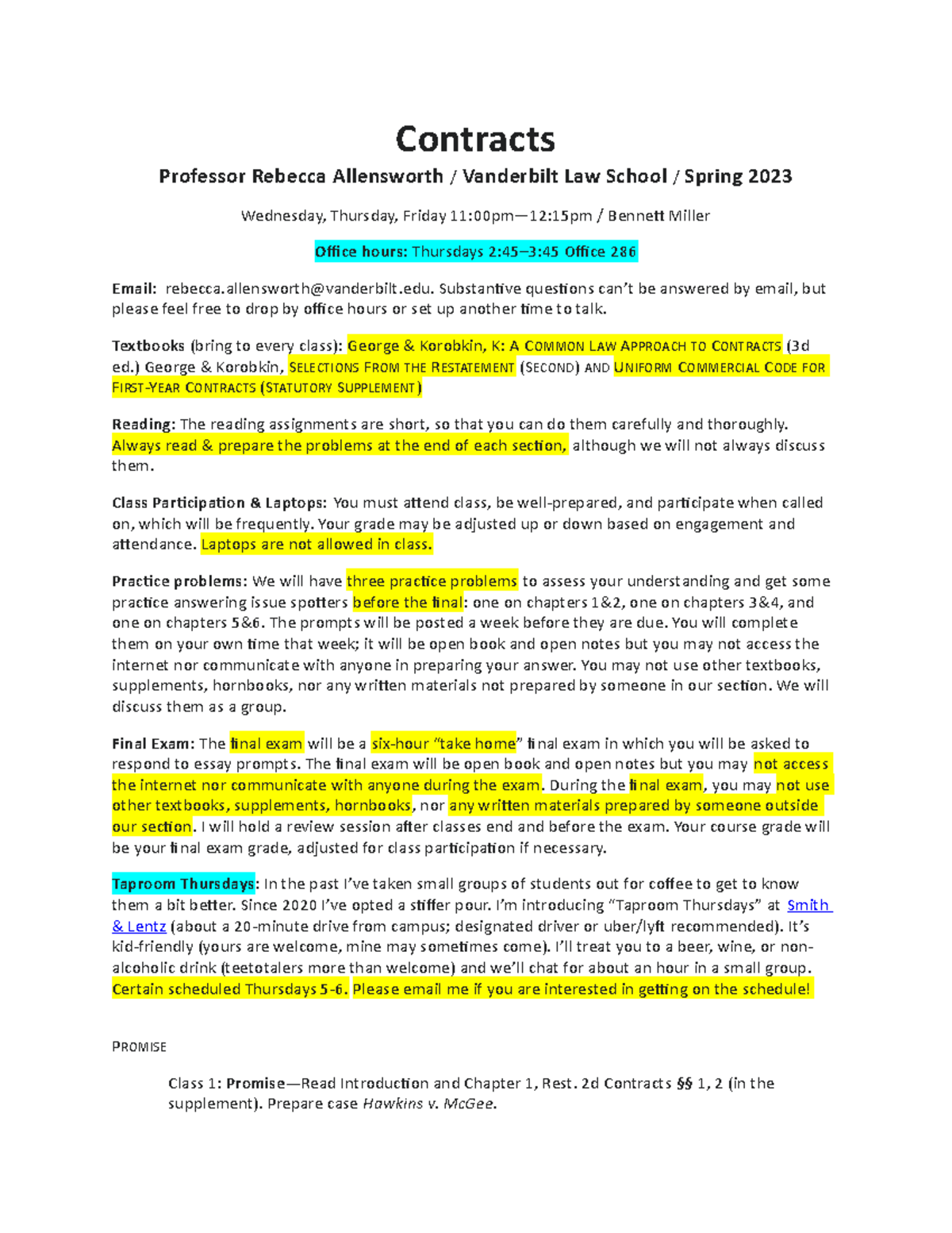 Highlighted syllabus - adsf - Contracts Professor Rebecca Allensworth ...