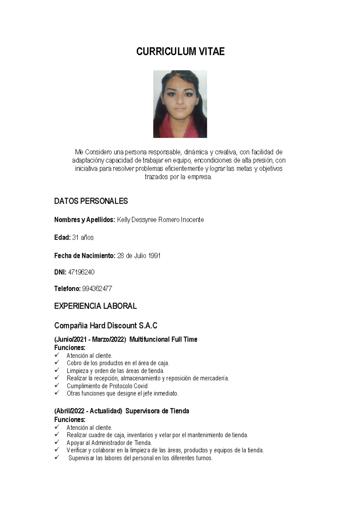 Curriculum Vitae - CURRICULUM VITAE Me Considero una persona ...