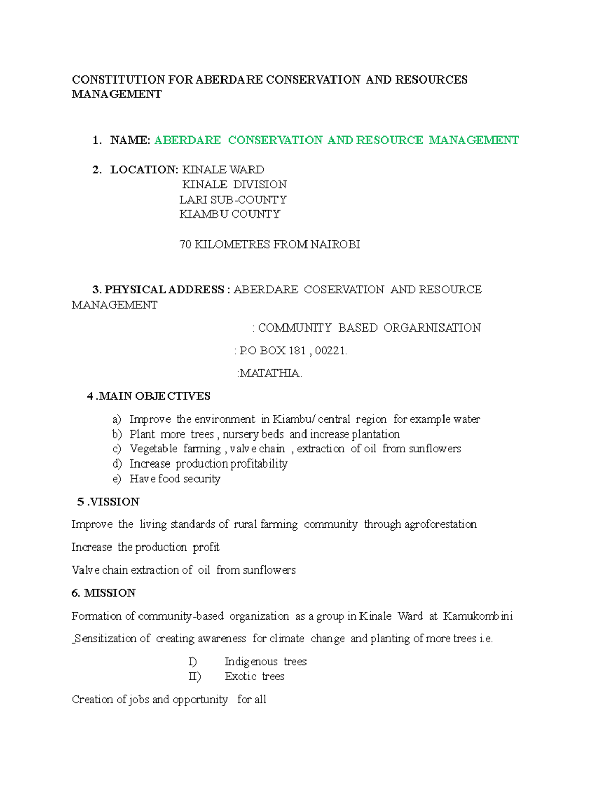 Constitution FOR Aberdare Conservation AND Resource Management (Auto ...