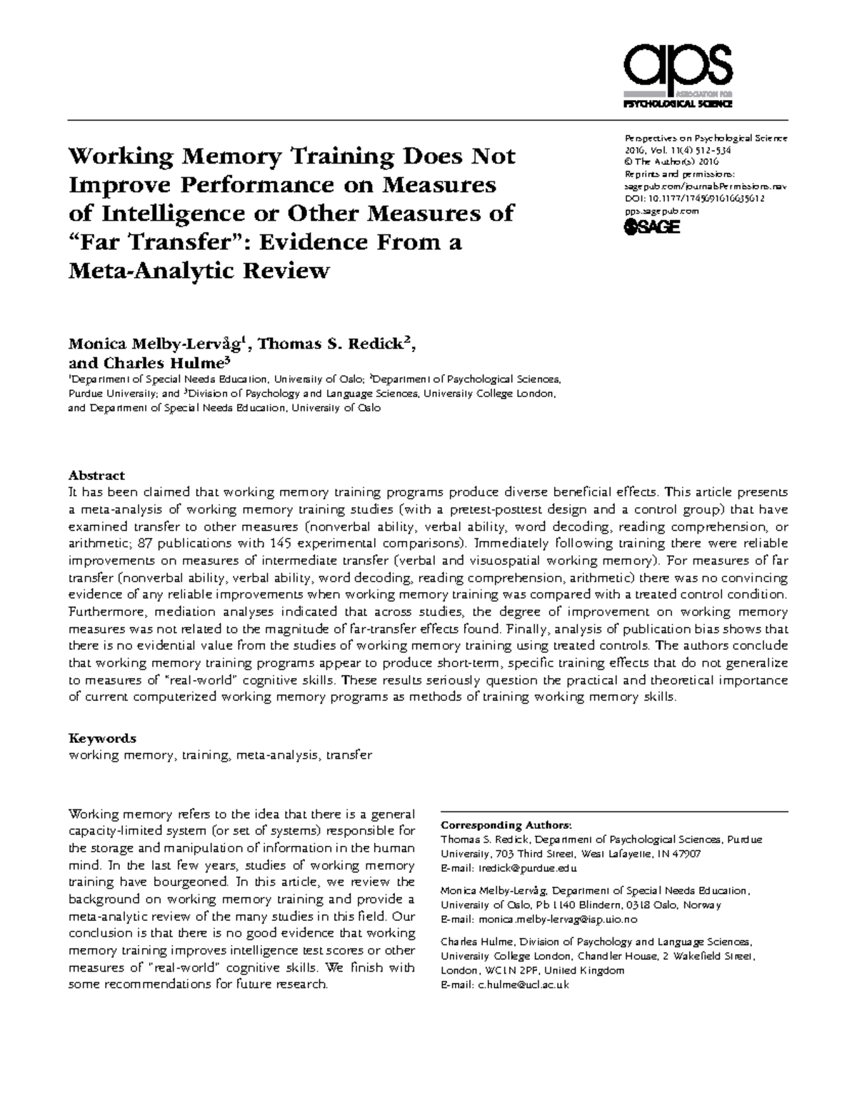 Working Memory Training Does Not Improve Performan - Perspectives on ...