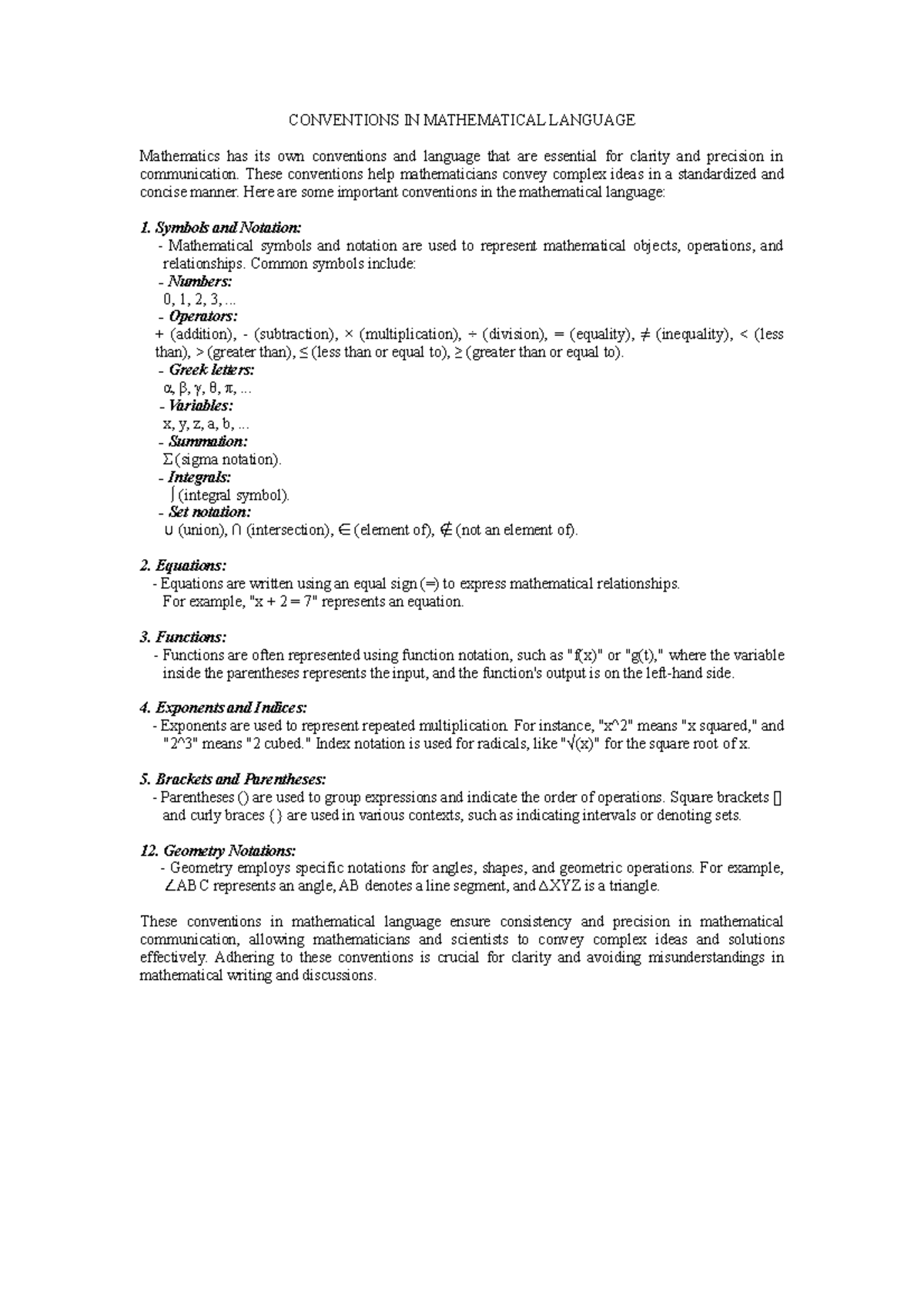Conventions IN Mathematical Language - CONVENTIONS IN MATHEMATICAL LANGUAGE Mathematics has its ...