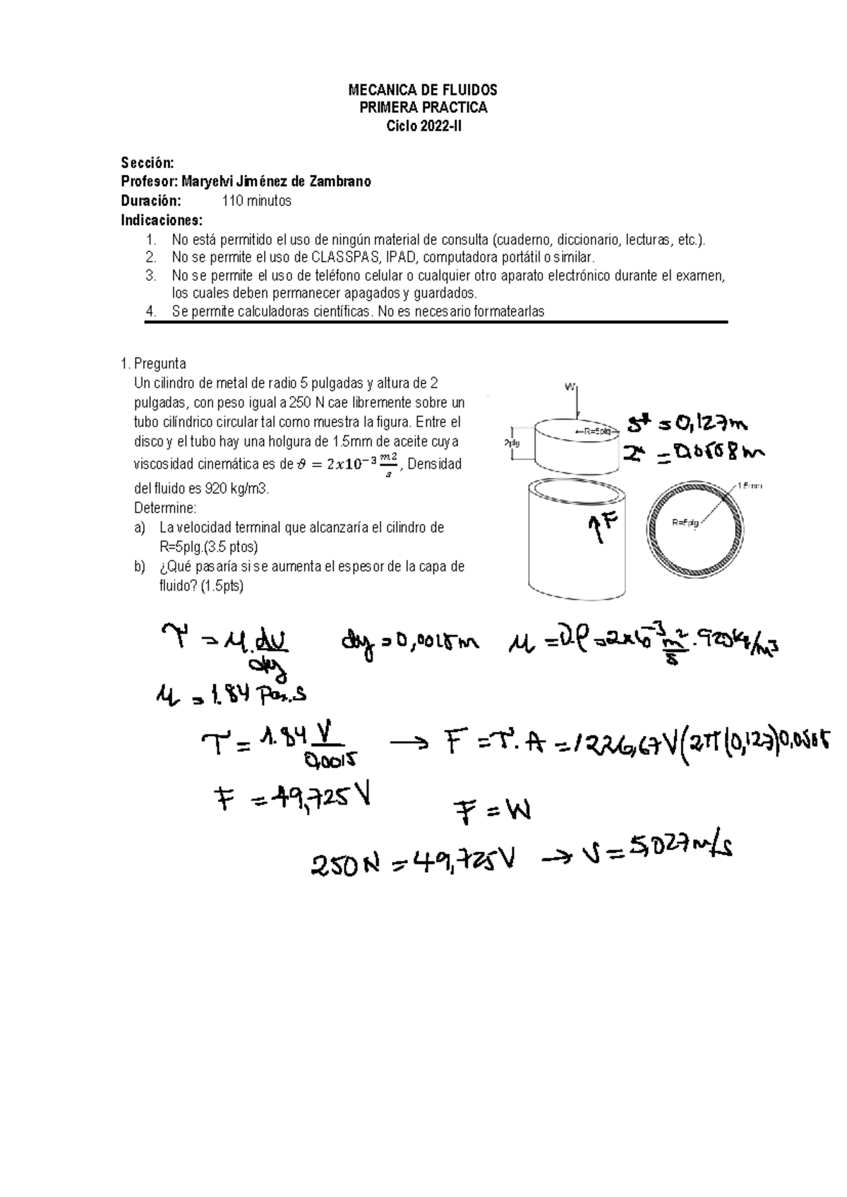 PC 1-modelo-soluc - pc1 - MECANICA DE FLUIDOS PRIMERA PRACTICA Ciclo 20 22 - II Sección ...