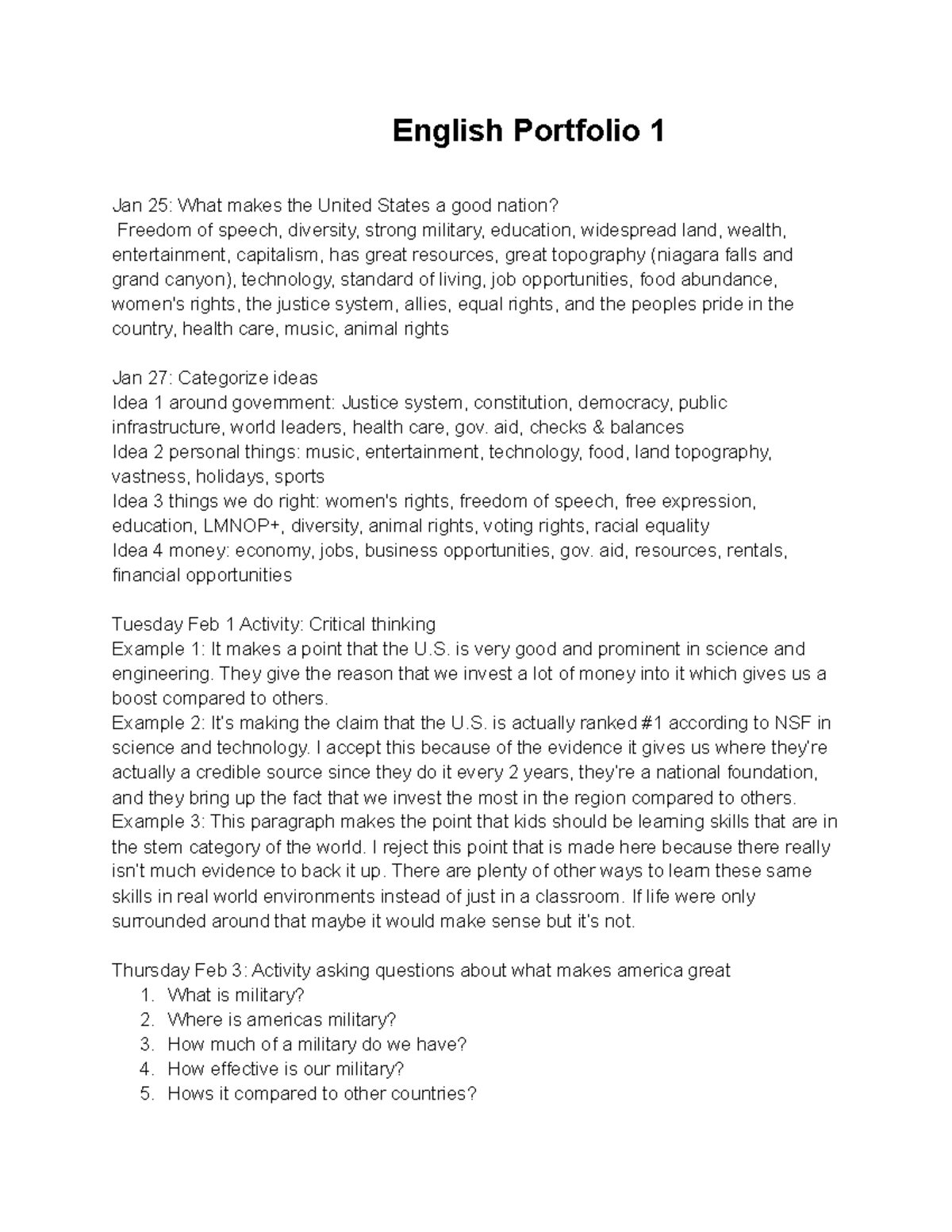 English 102 - English Portfolio 1 Jan 25: What makes the United States ...