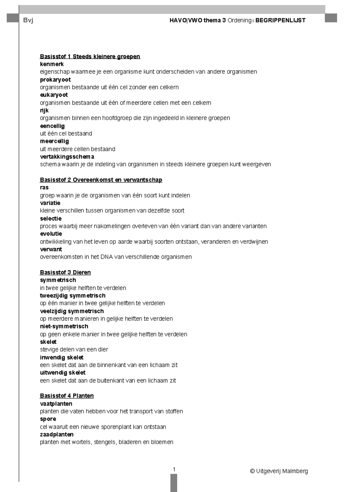 begrippenlijst biologie - © Uitgeverij Malmberg Bvj HAVO|VWO thema 3 ...