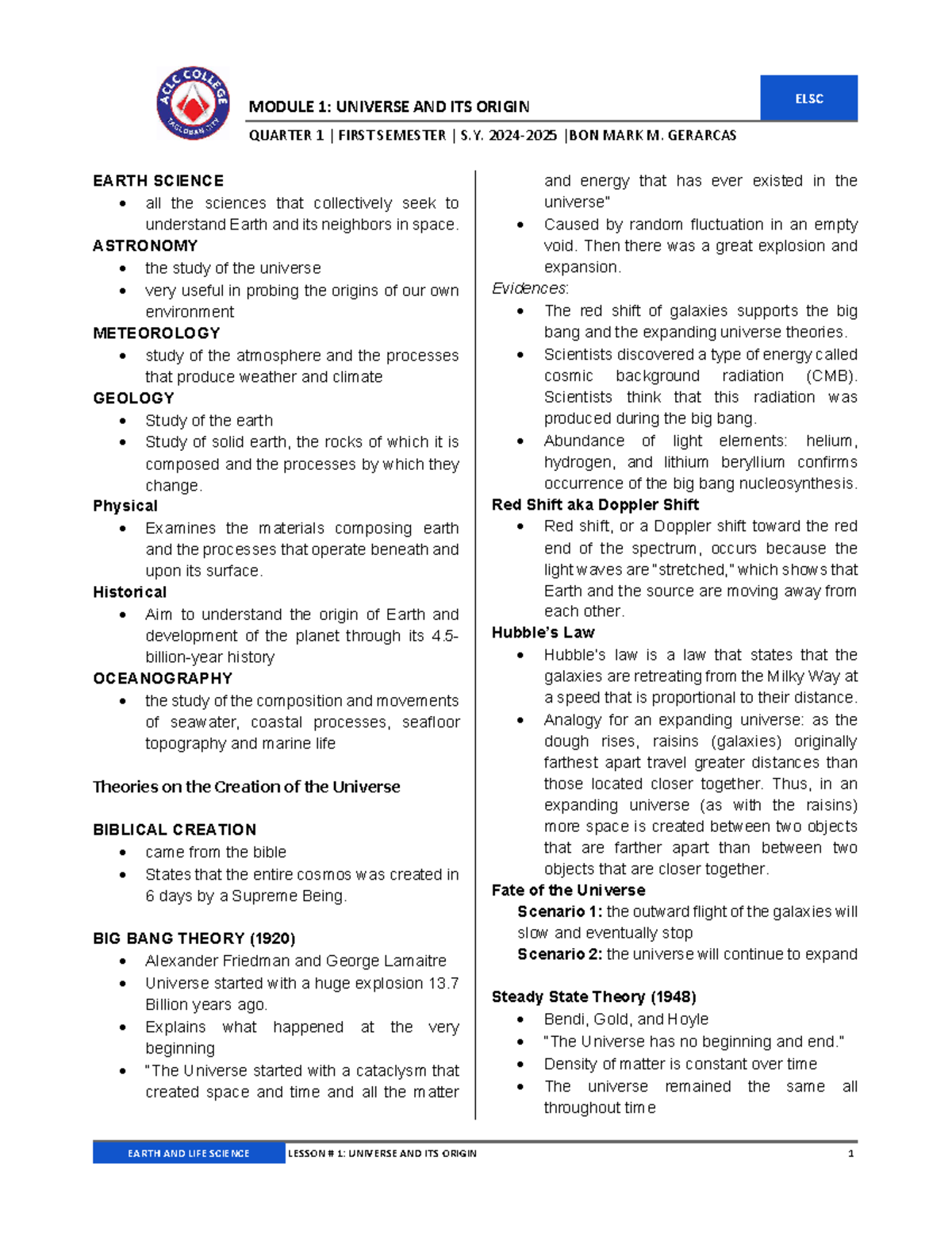 Module 1 Notes - Di lahat andito - MODULE 1: UNIVERSE AND ITS ORIGIN ...