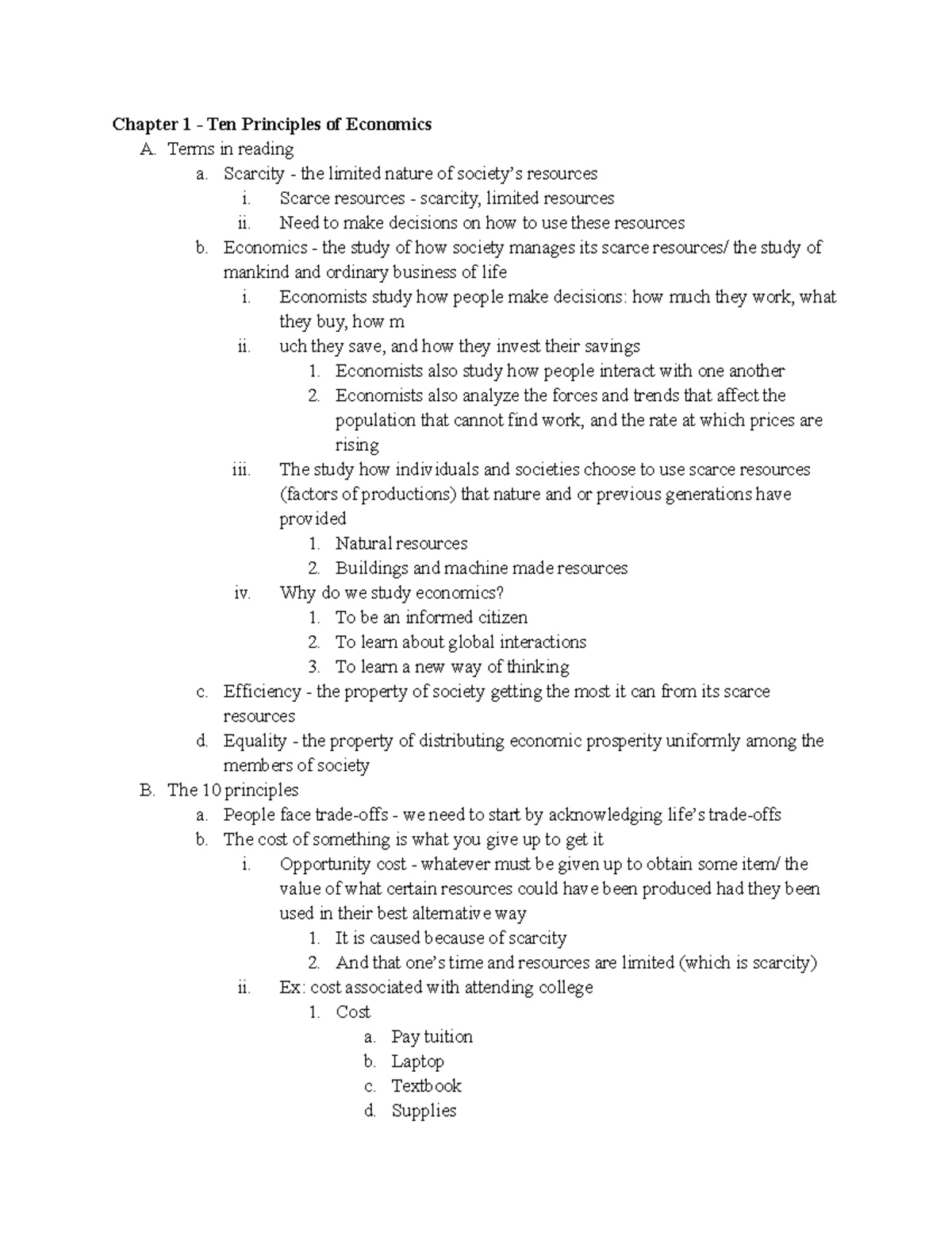 Economics 1010 - Notes. This is from a summer class. - Chapter 1 - Ten ...
