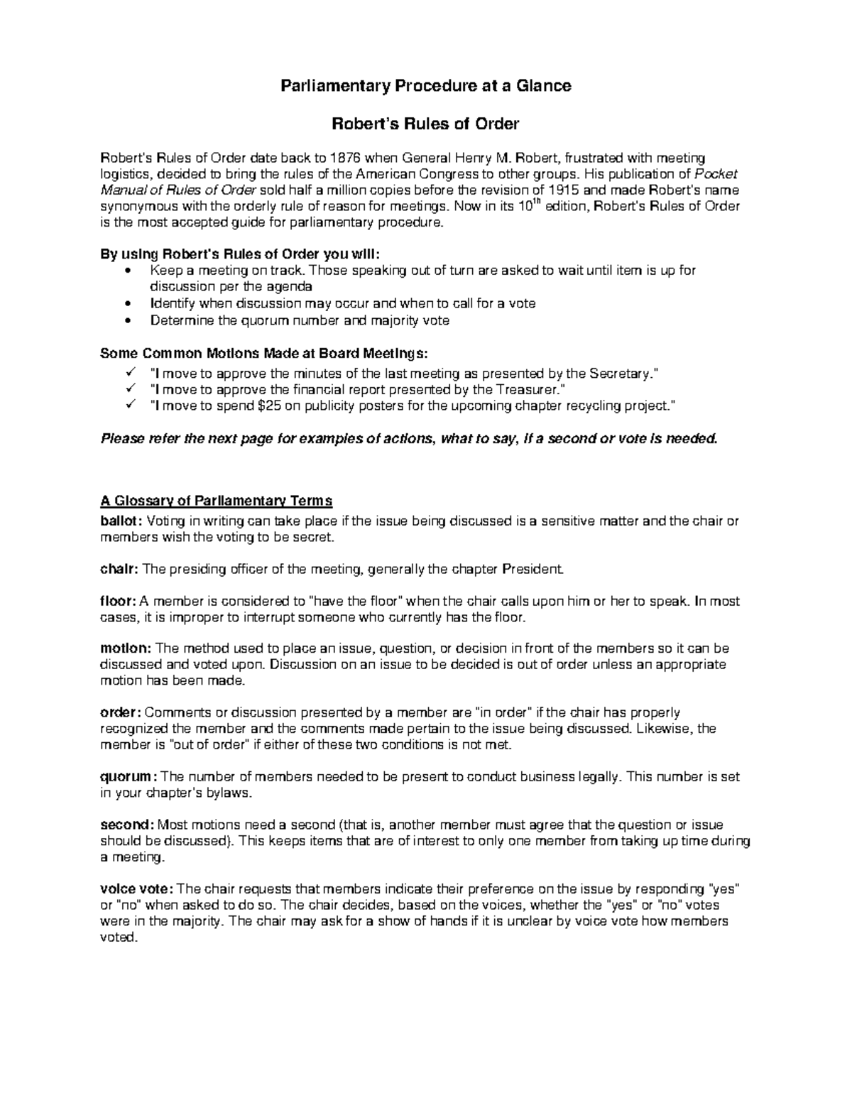 Roberts rules of order - Parliamentary Procedure at a Glance Robert’s ...
