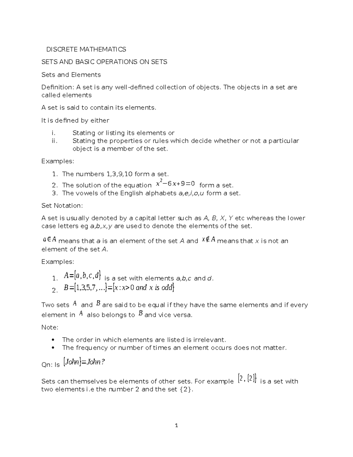 Discrete Mathematics-1 - DISCRETE MATHEMATICS SETS AND BASIC OPERATIONS ON SETS Sets and ...