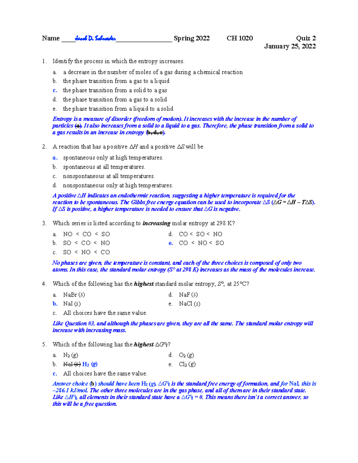 Sp22 CH1020 Quiz 2 Key - This is the Spring 2022 CH 1020 Quiz 2 Key - Name Jacob D. - Studocu