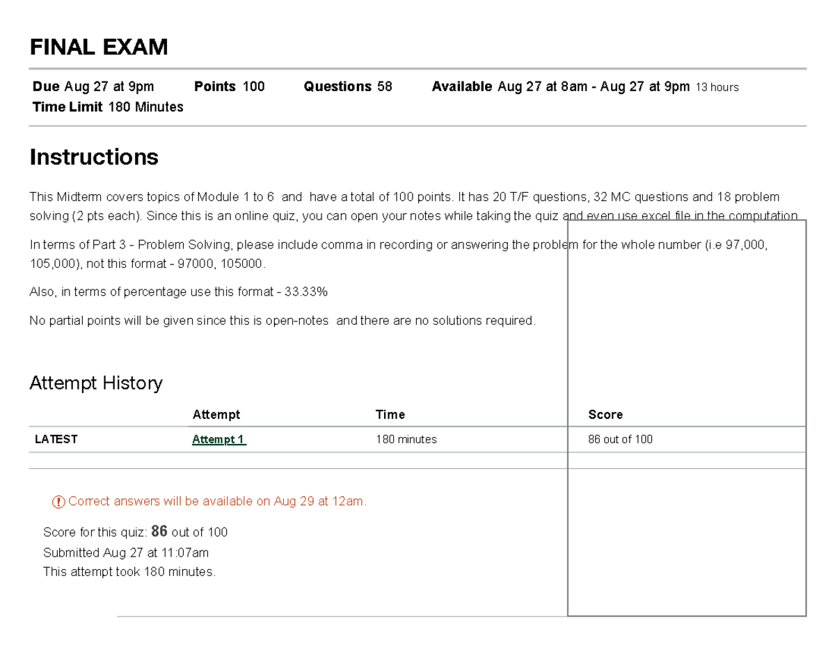 Incosac - FINAL EXAM Due Aug 27 at 9pm Points 100 Questions 58 ...