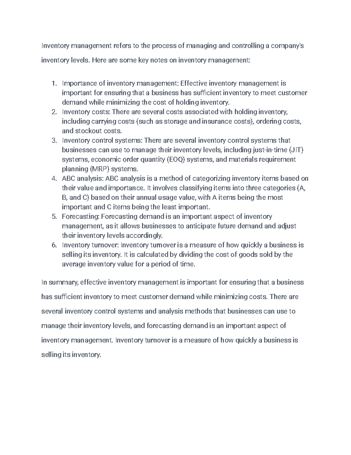 Inventory management notes - Inventory management refers to the process ...