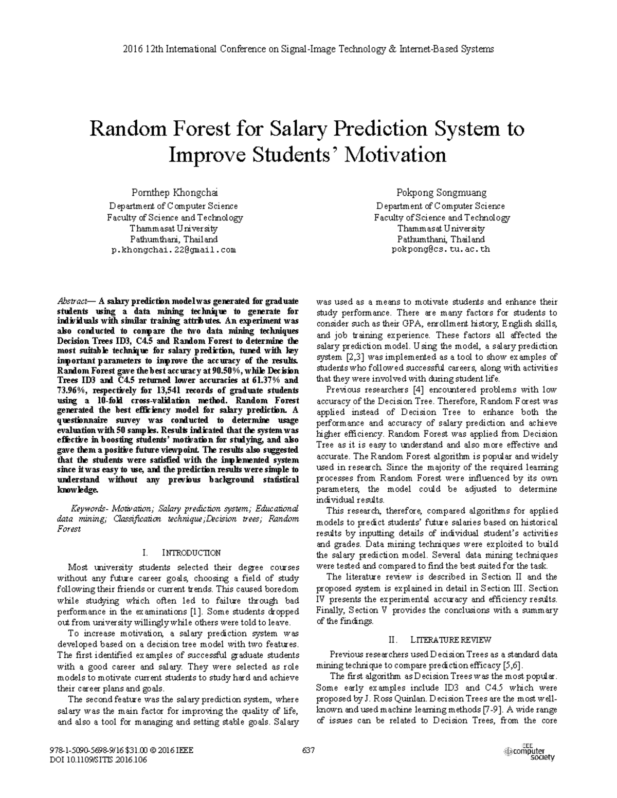 Khongchai 2016 - Random Forest for Salary Prediction System to Improve Students’ Motivation ...
