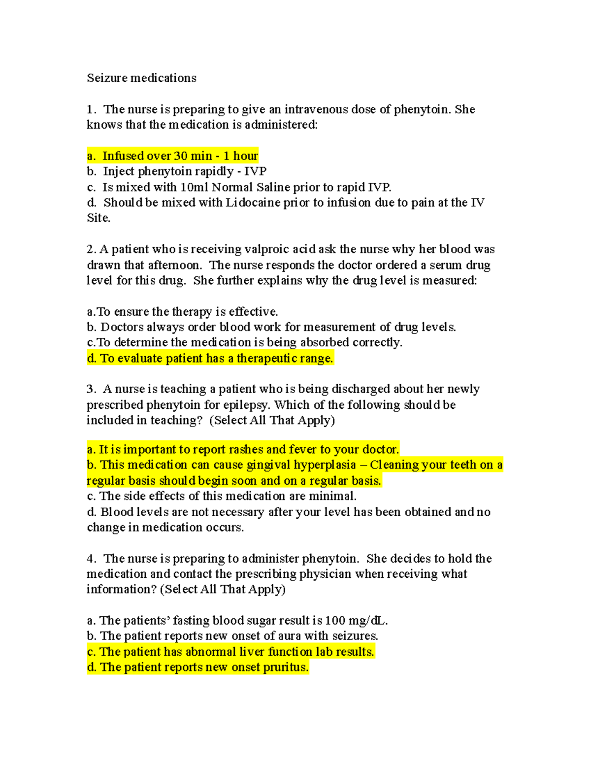 Answers Seizure Questions Module 11 - Seizure medications The nurse is ...