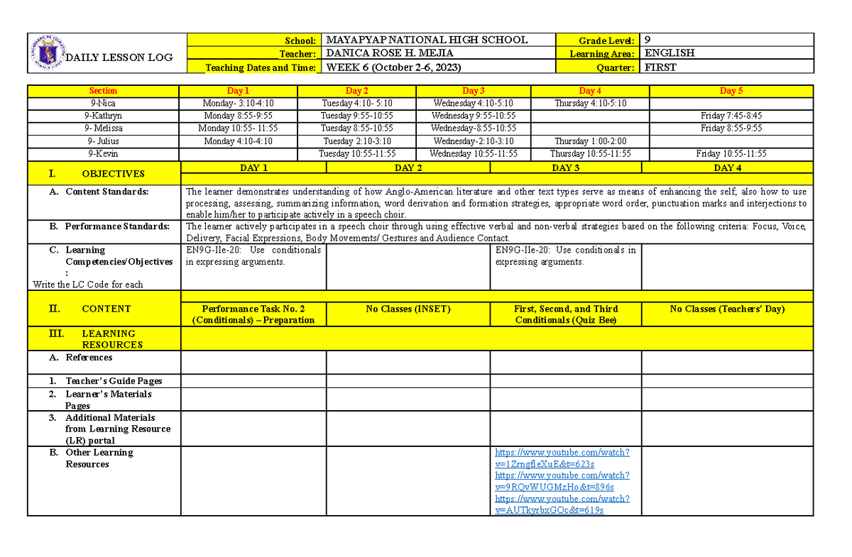DLL WEEK 6 ENG 9 - DLL - DAILY LESSON LOG School: MAYAPYAP NATIONAL ...