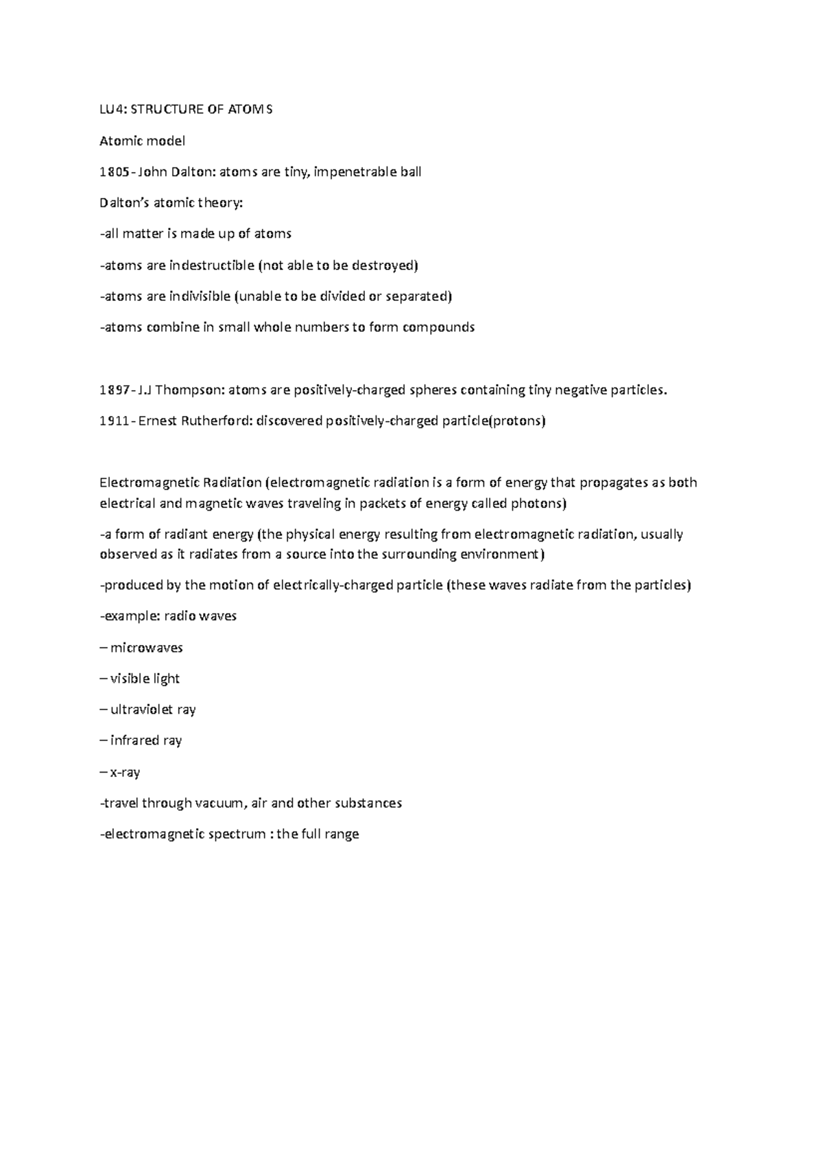 LU4 - just simple notes - LU4: STRUCTURE OF ATOMS Atomic model 1805 ...