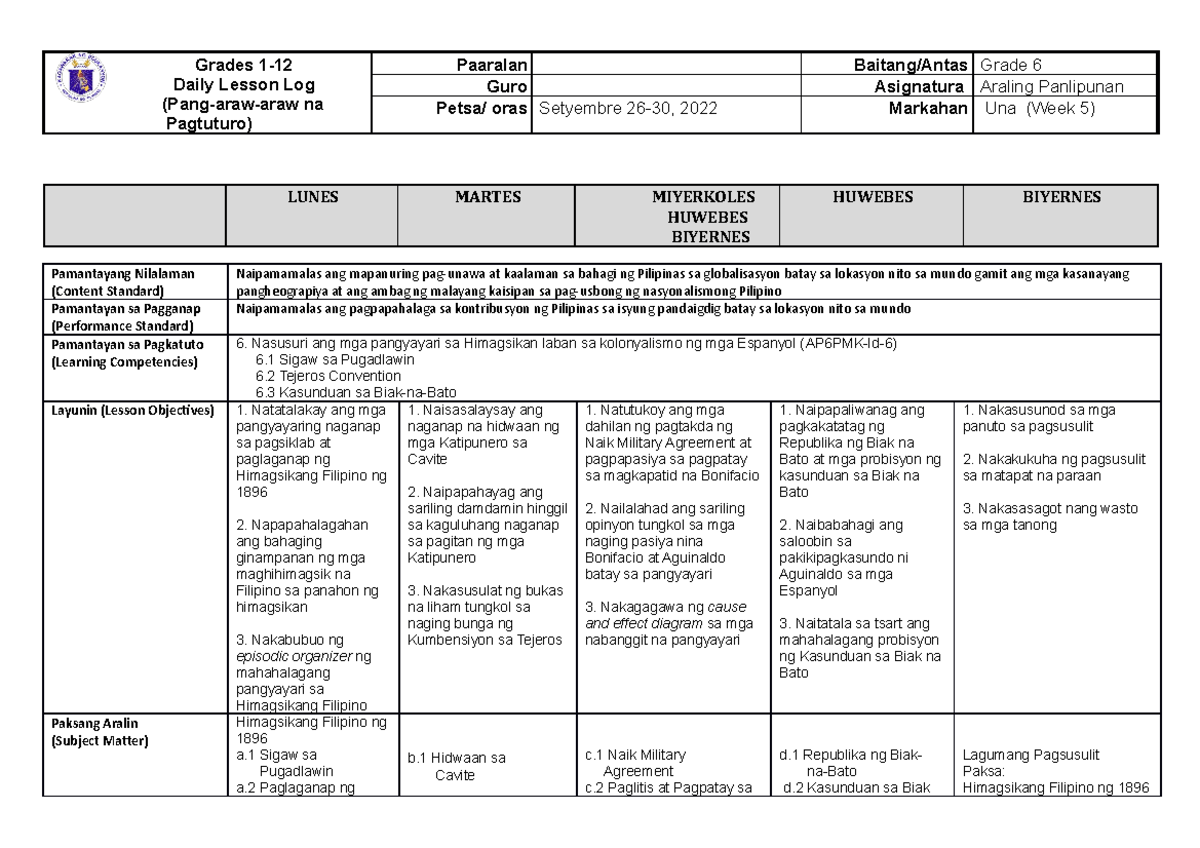 DLL-APAN-W5 - aaaa - Grades 1- Daily Lesson Log (Pang-araw-araw na ...