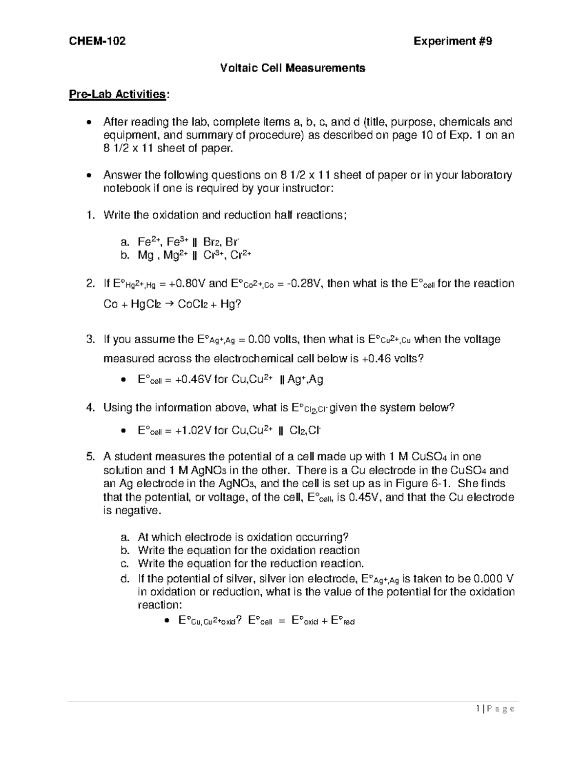 Exp 9 Voltaic Cell Measurements - CHEM- 102 Experiment # Voltaic Cell ...
