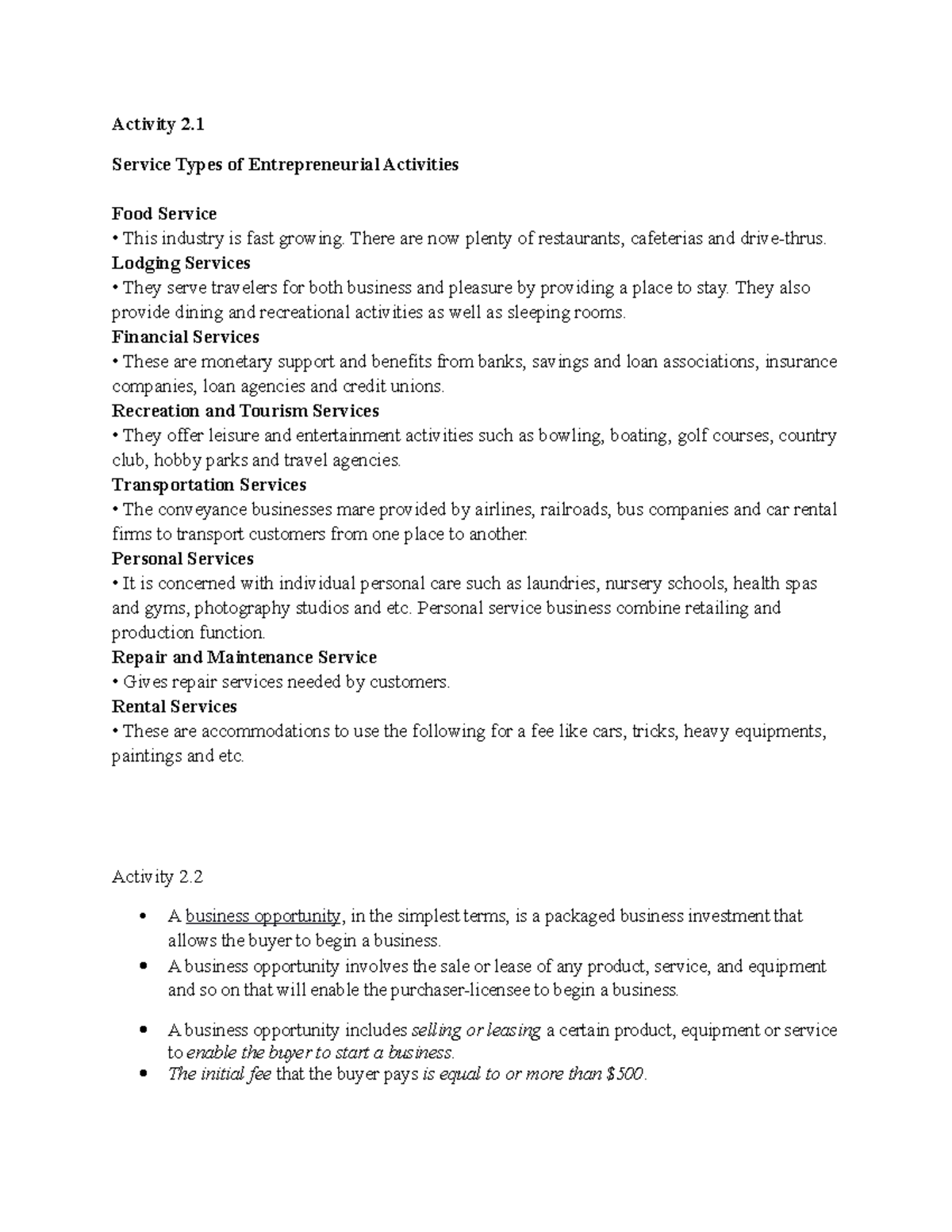 Entrep module 2 outline answers - Activity 2. Service Types of ...