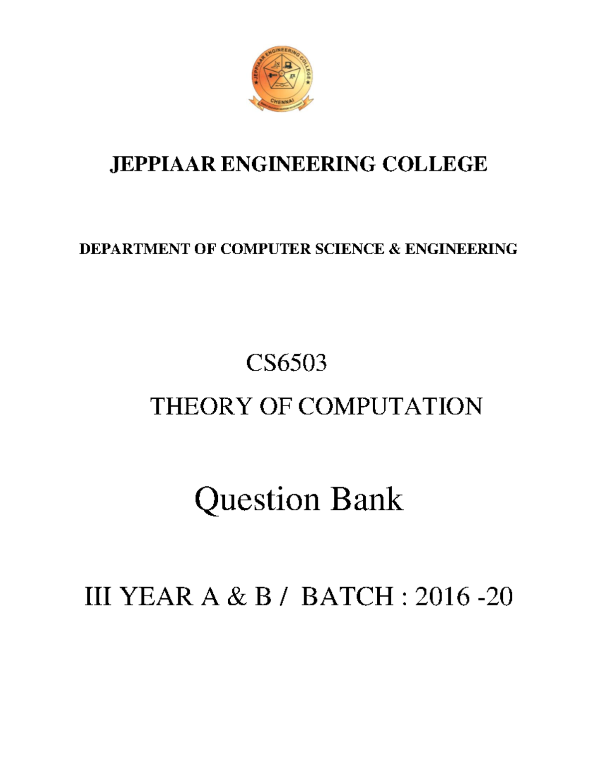 CS6503 TOC Question Bank - JEPPIAAR ENGINEERING COLLEGE DEPARTMENT OF ...
