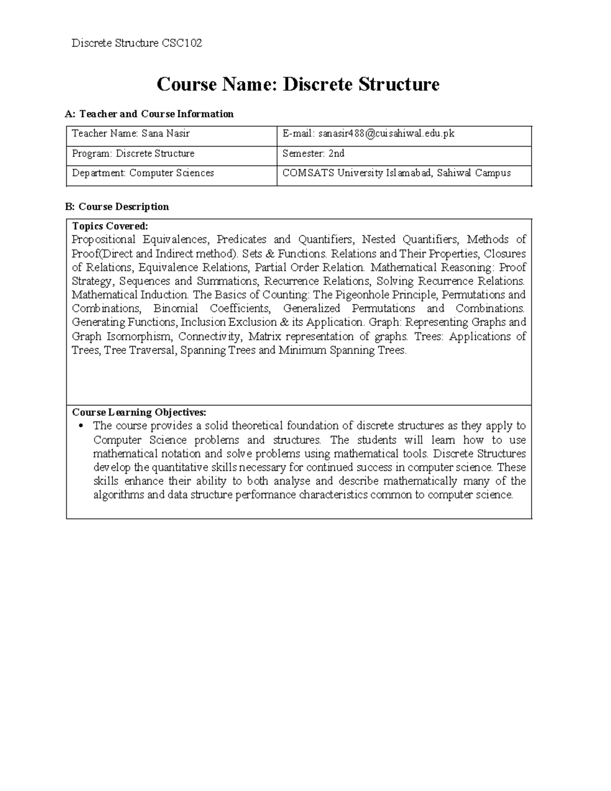 Lecturewise Plan Discrete Structure - Course Name: Discrete Structure A ...