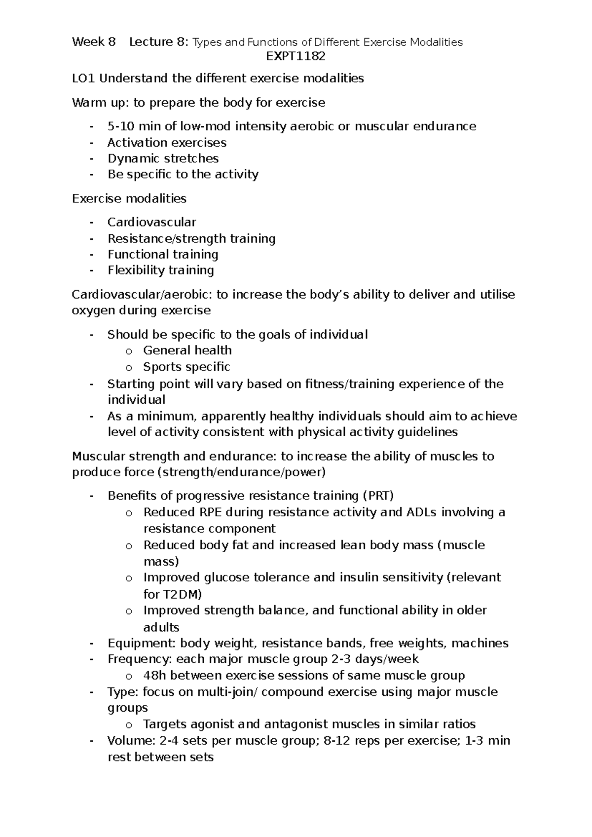 Lecture 8 Types And Functions Of Different Exercise Modalities Notes